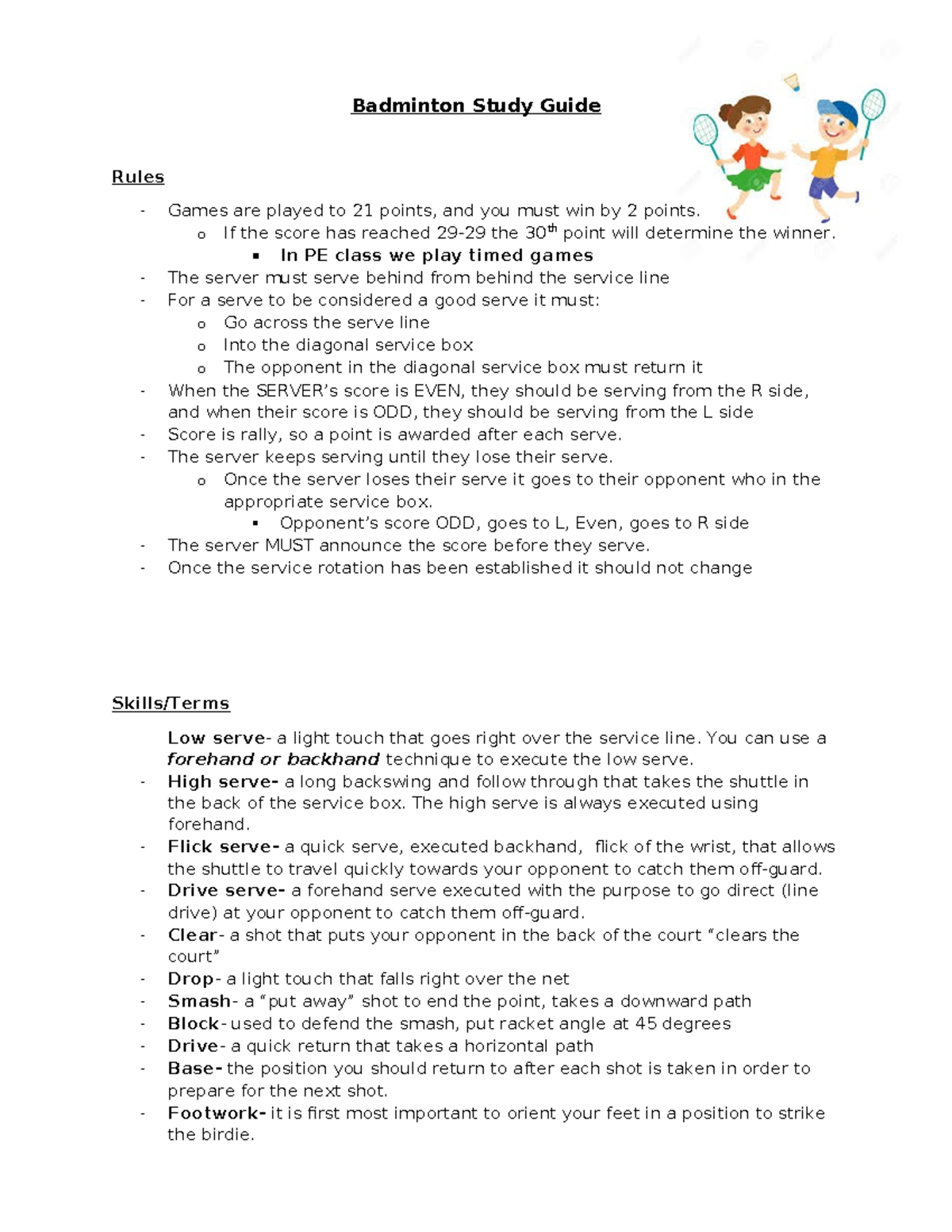 Badminton Study Guide - Badminton Study Guide Rules - Games are played ...