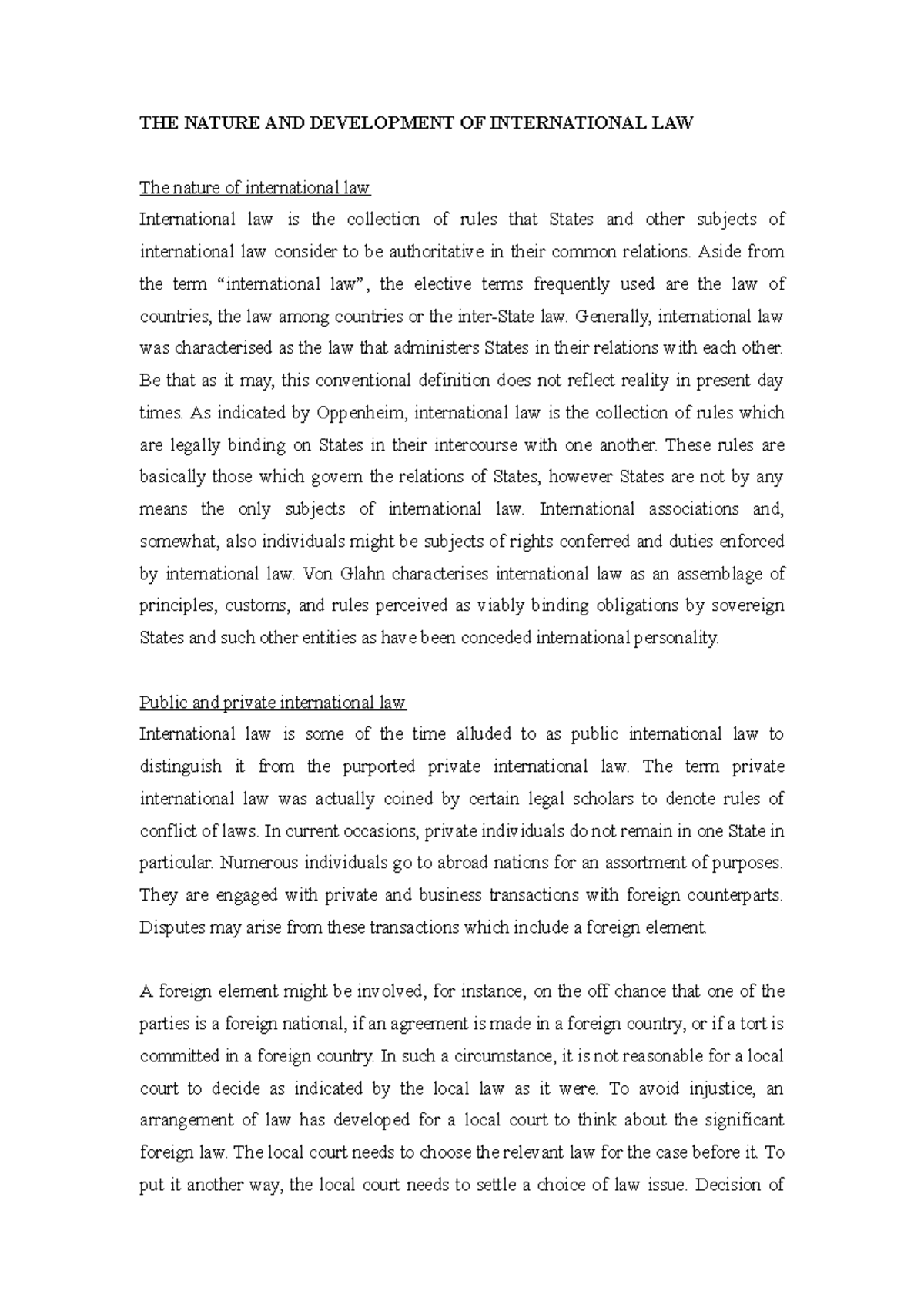 Notes Chapter 1 - THE NATURE AND DEVELOPMENT OF INTERNATIONAL LAW The ...