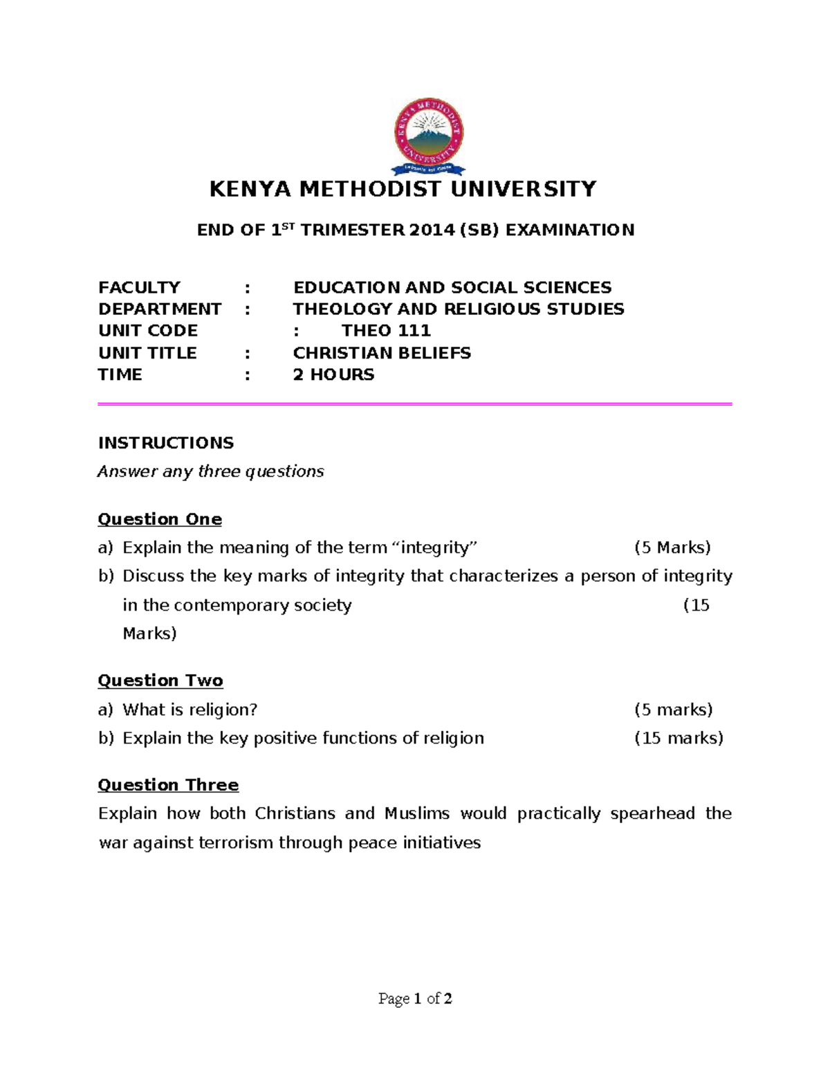 KENYA METHODIST UNIVERSITY THEO 111 - End of 1st Trimester Exam Notes ...