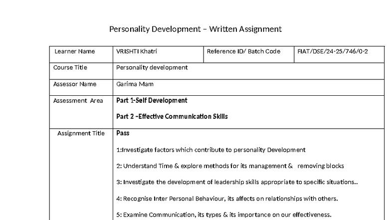 Personality Development Assignment (PD101): Factors & Skills Analysis ...