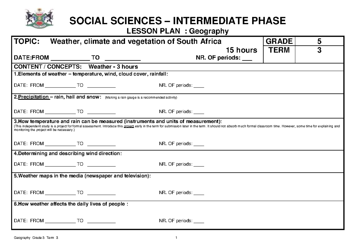 Geography Lesson Plan: Weather, Climate & Vegetation - Term 3, Grade 5 ...