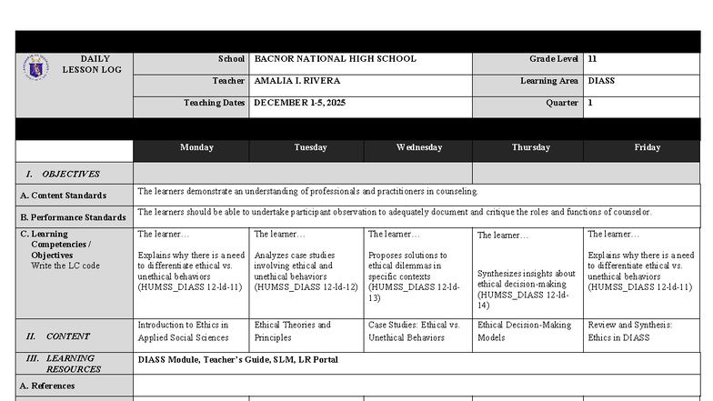 DLL - DIASS Grade 11 Weekly Lesson Plan (5th Week, Dec 2025) - Studocu