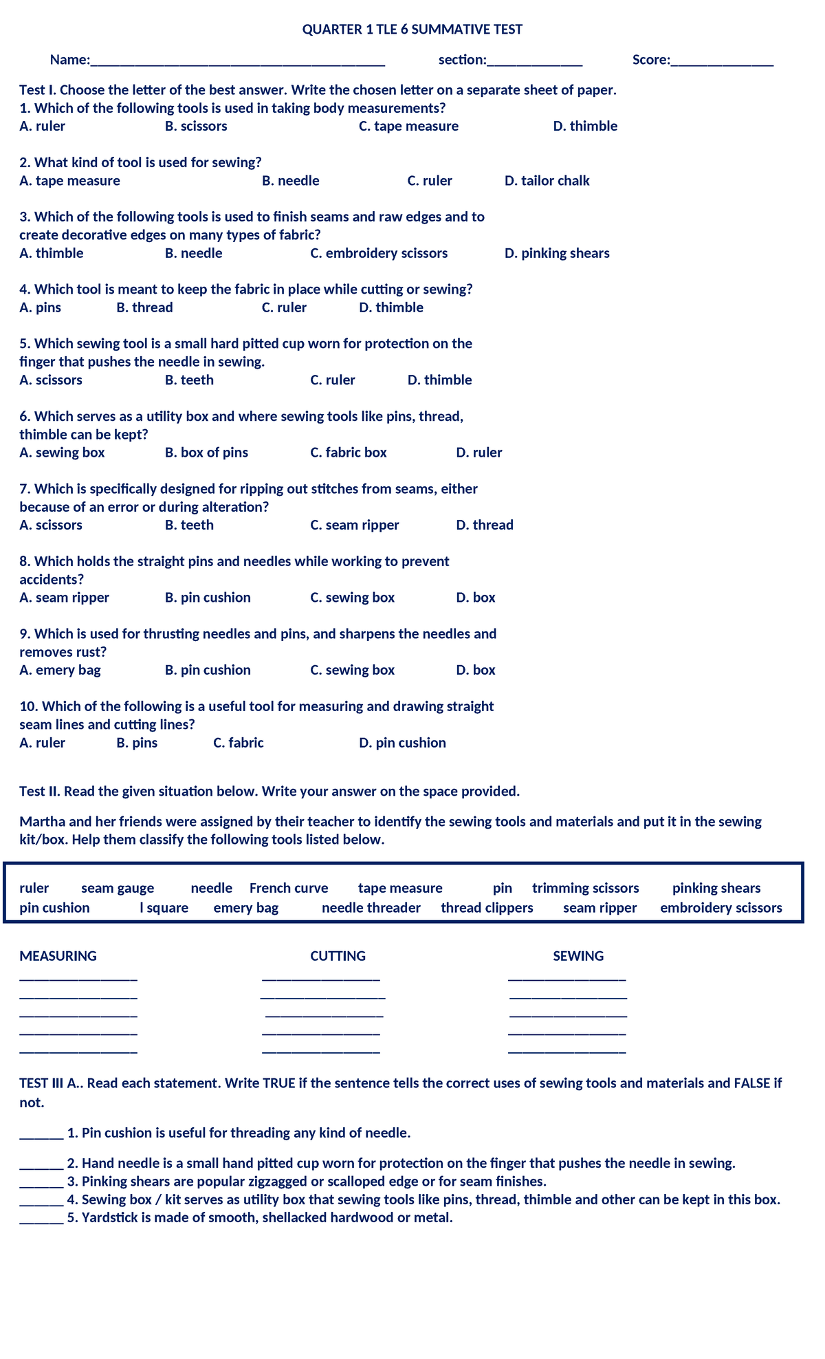 Quarter 1 TLE 6 Summative Test: Sewing Tools & Techniques - Studocu