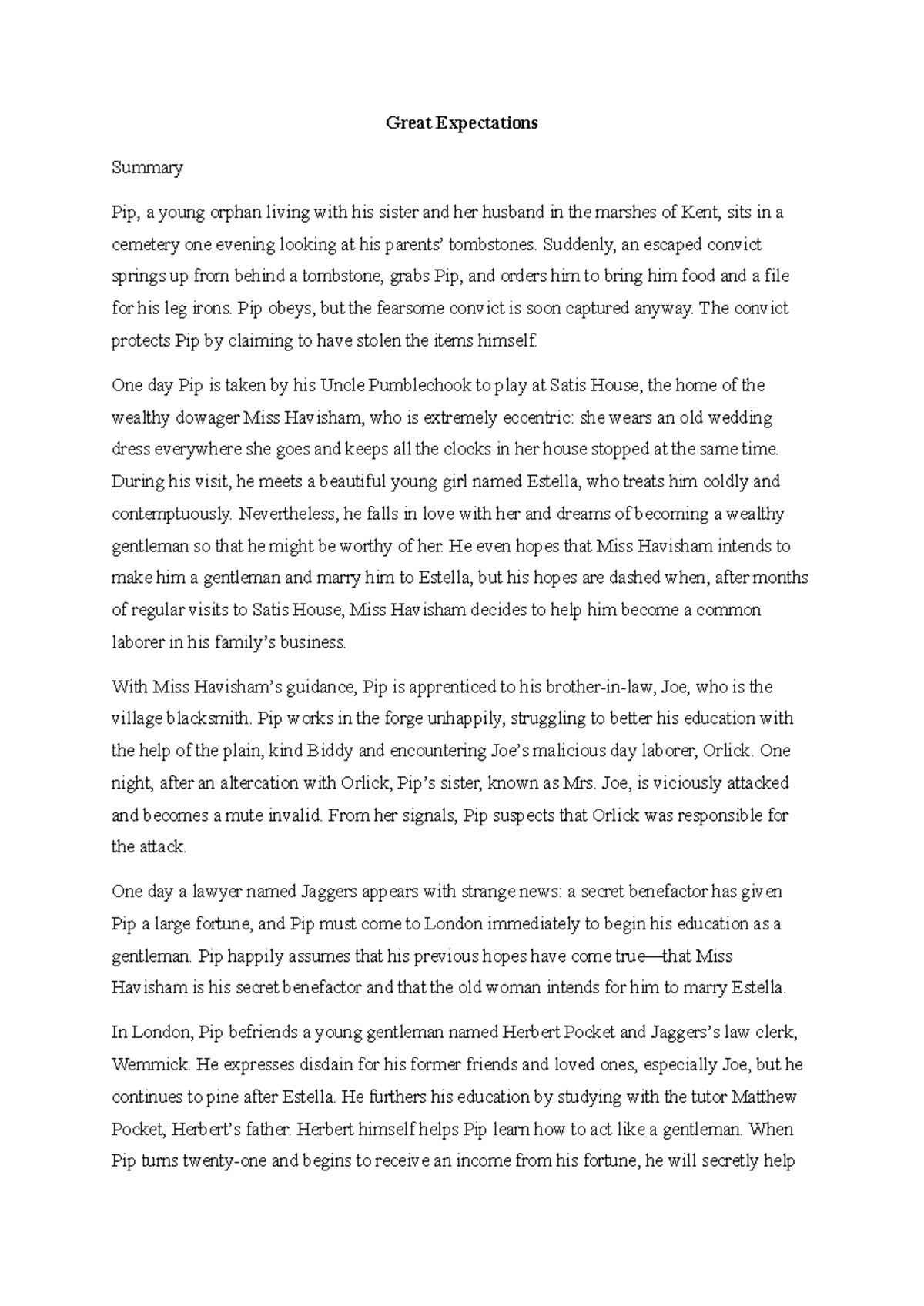 Great Expectations (ENG 101) Chapter Summary and Analysis - Studocu