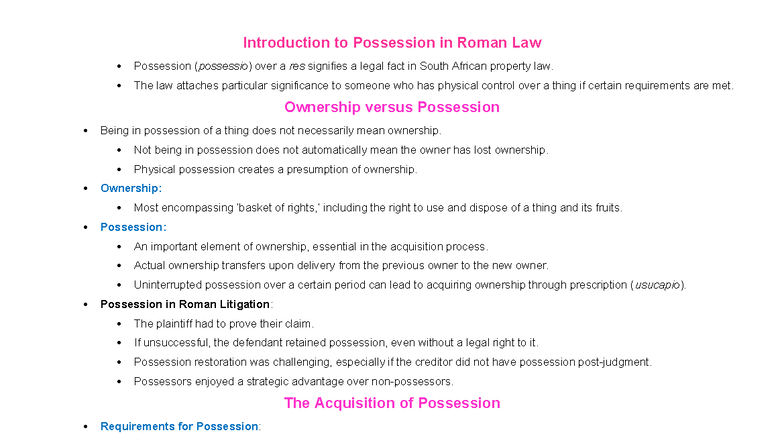 Roman Law: Understanding Possession and Ownership - EXAM Notes - Studocu