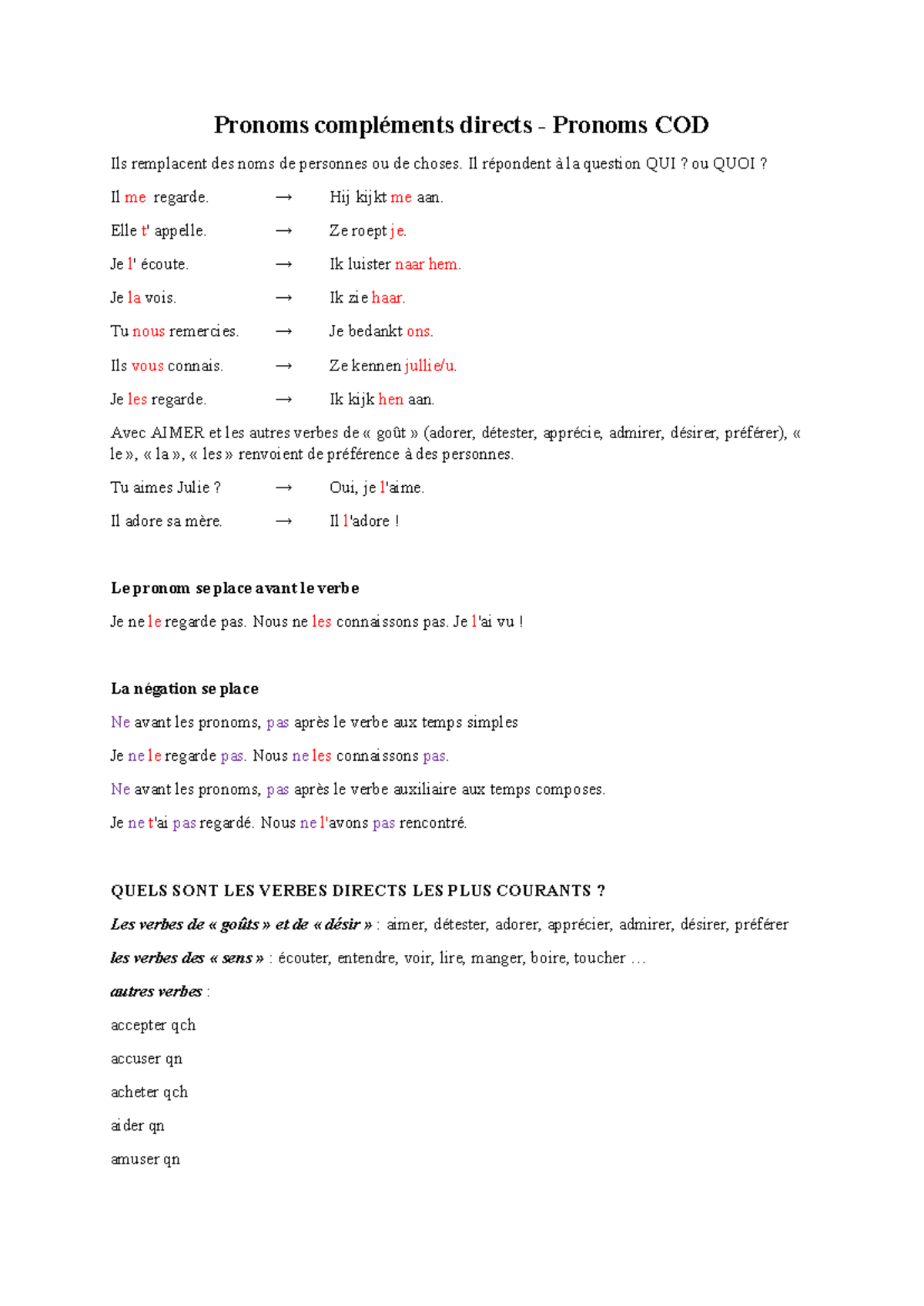 Exercices sur les pronoms COD et COI avec corrigés (FLE) - Studeersnel