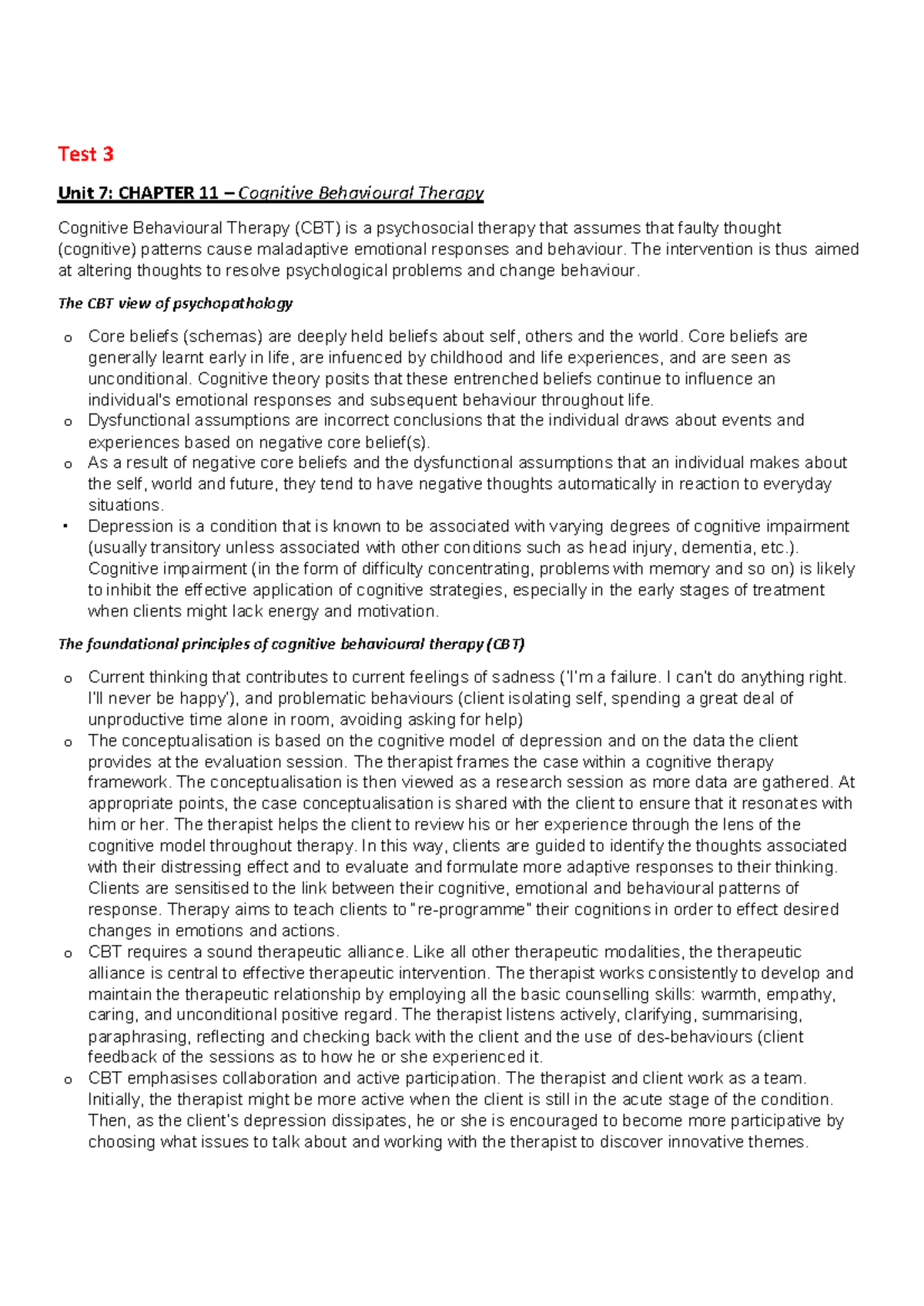 Test 3: CHAPTER 11 Cognitive Behavioural Therapy Overview - Studocu
