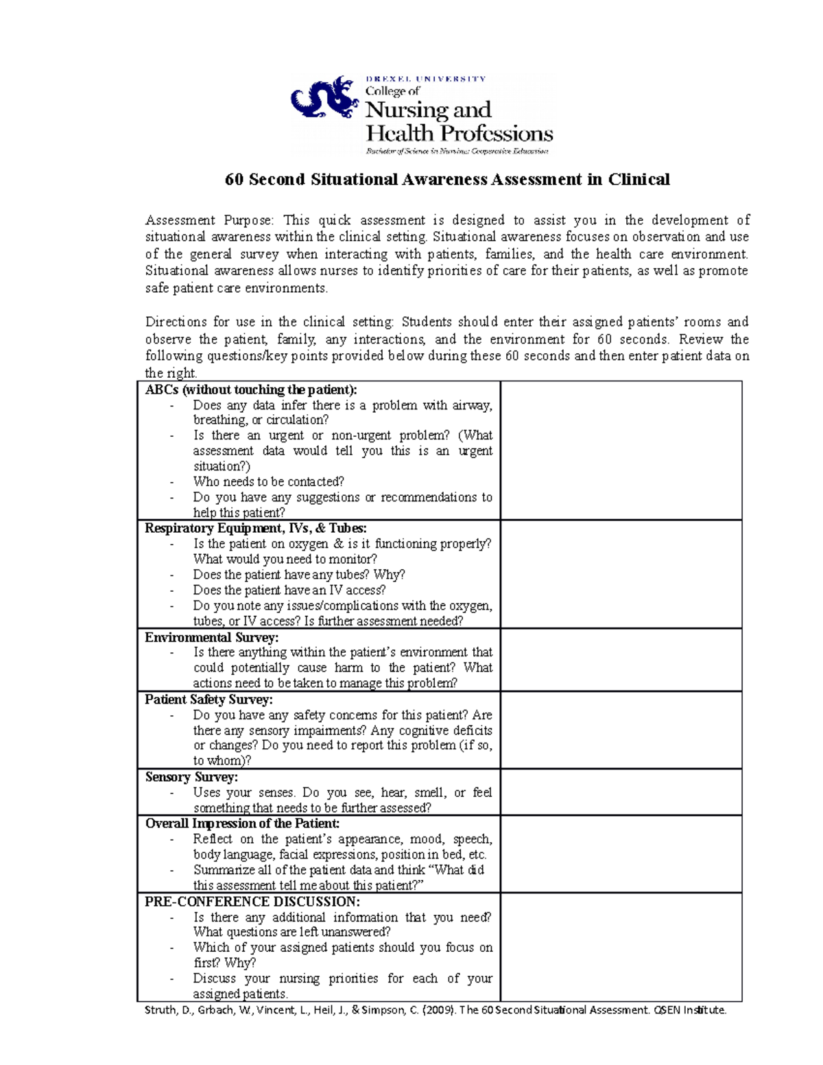 60 Second Assessment tool rev, Clinical - 60 Second Situational ...