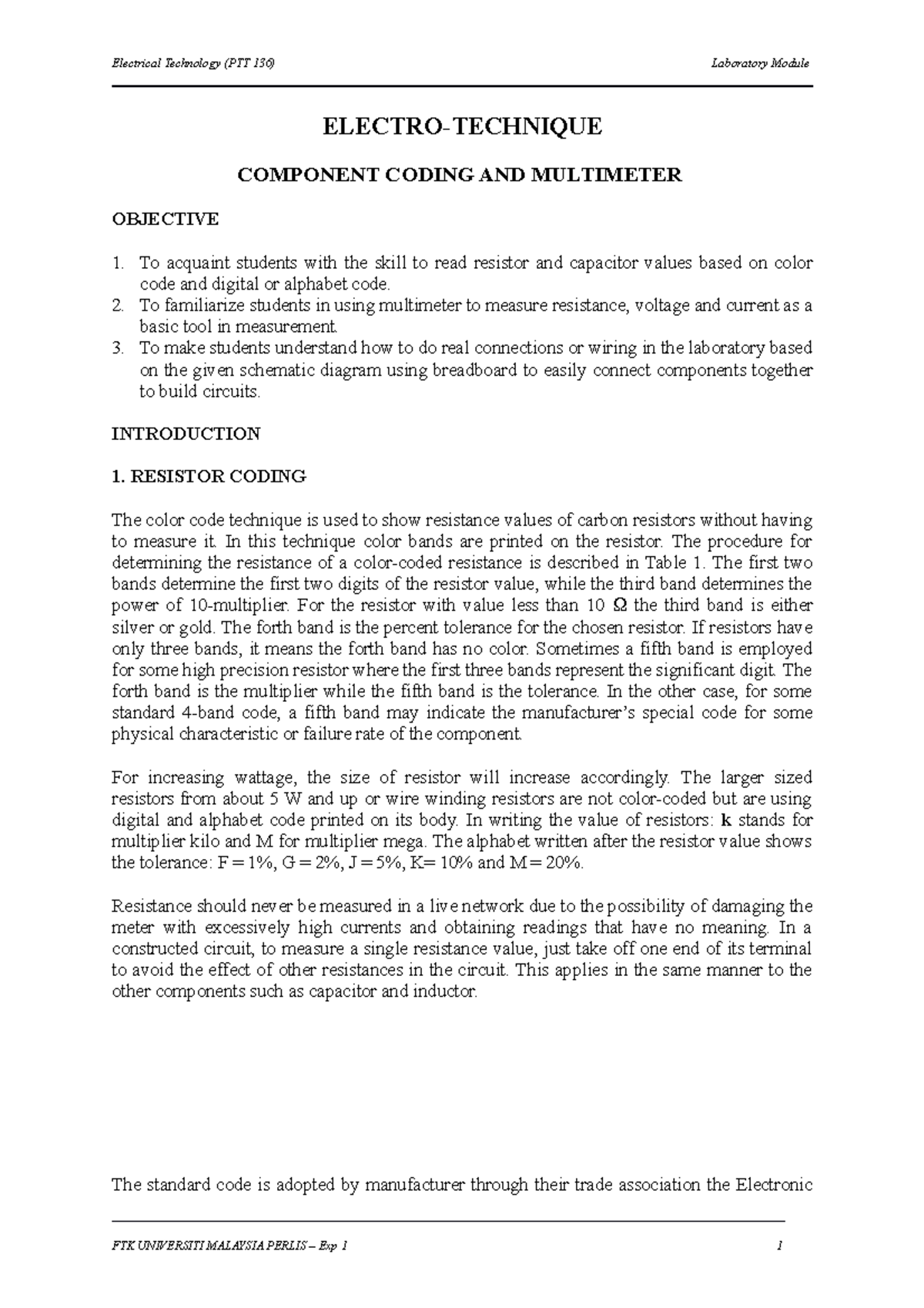 LAB Experiment 1 (LAB) - ELECTRO-TECHNIQUE COMPONENT CODING AND ...