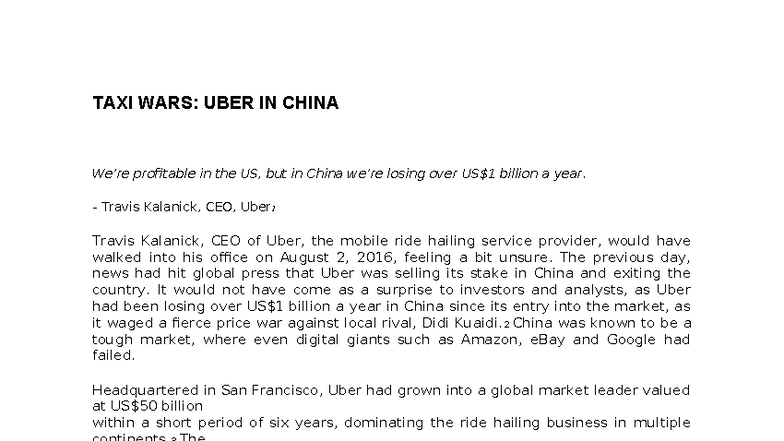 TAXI WARS: UBER IN CHINA - Lessons from a Billion-Dollar Loss - Studocu
