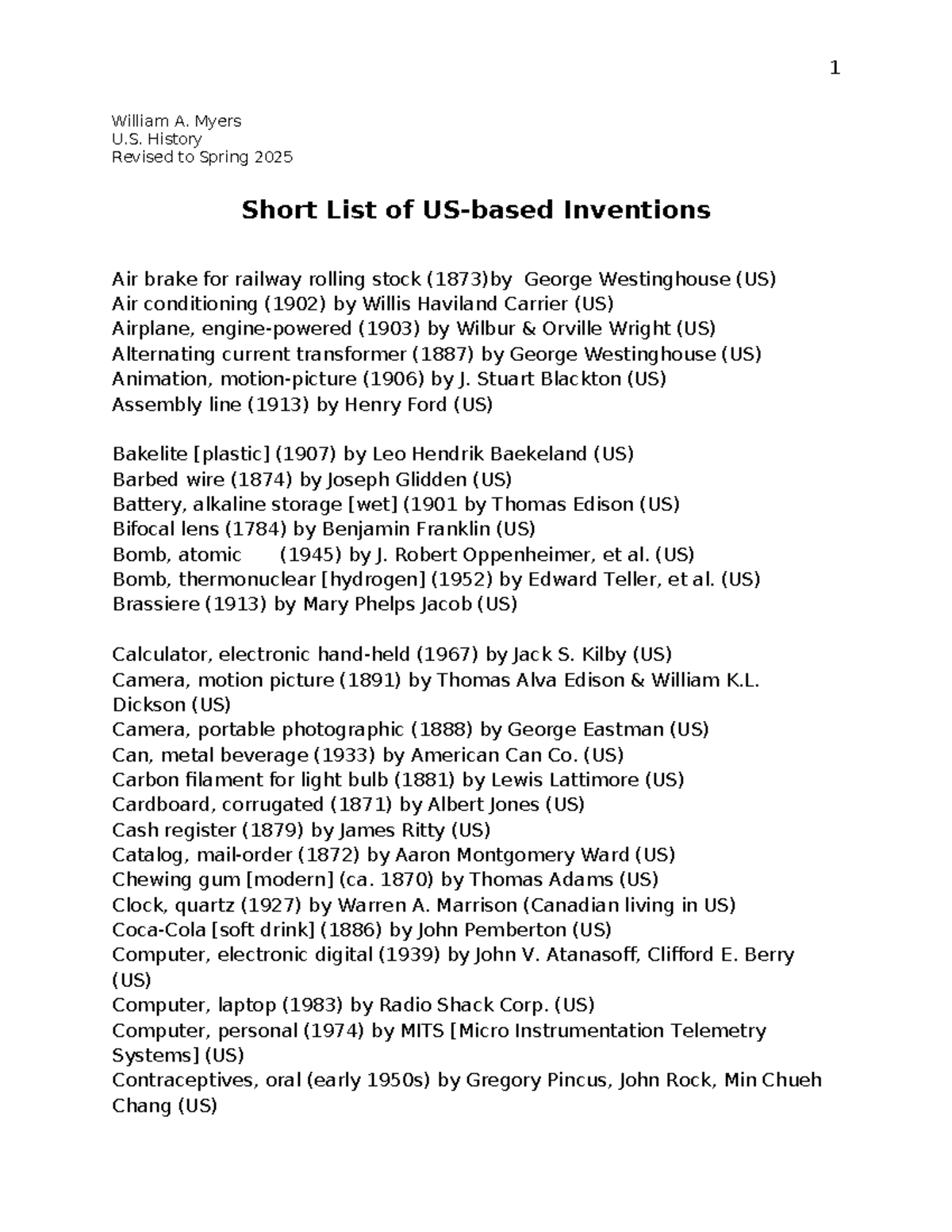 08 - Short List of US-Based Inventions (Revised Spring 2025) - Studocu