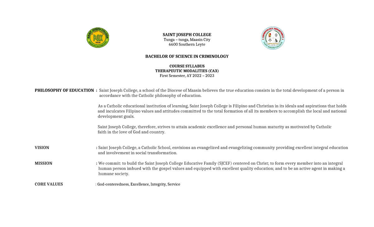 CA 3 Therapeutic Modalities Syllabus for AY 2022-2023 - Studocu