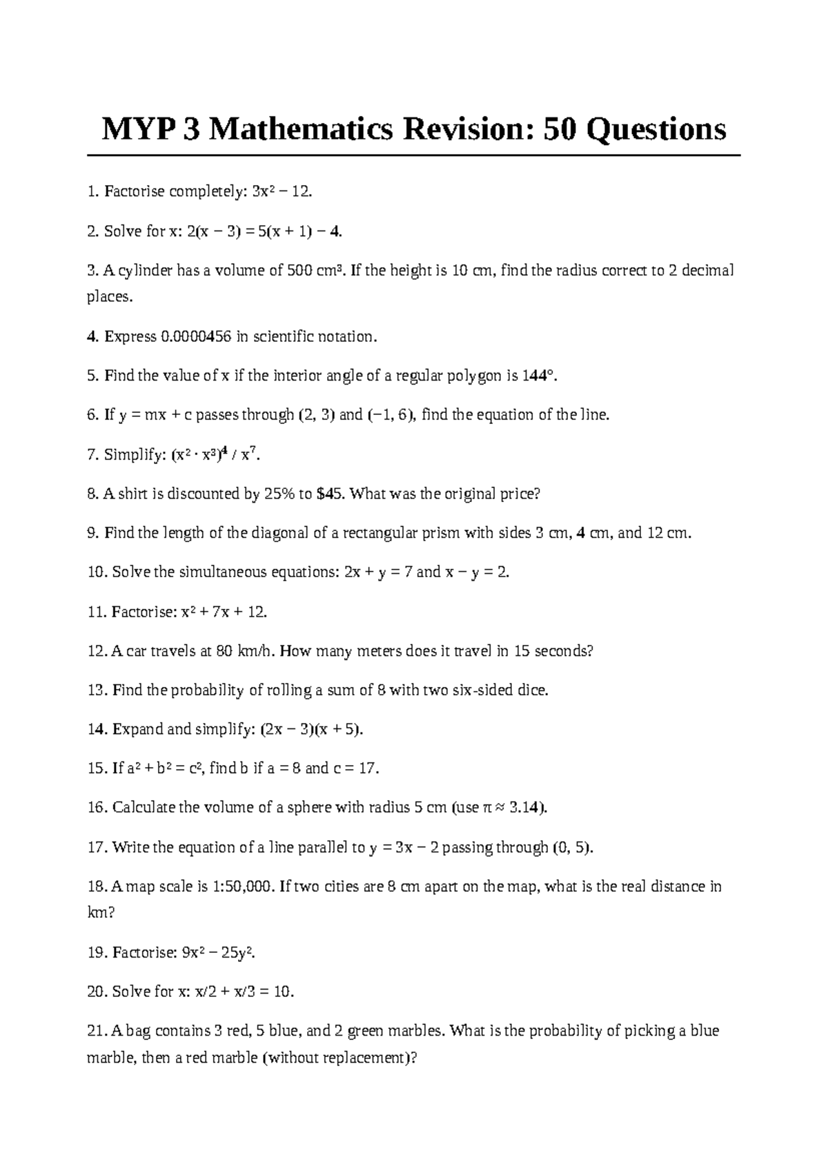 MYP 3 Mathematics Revision: 50 Practice Questions - Studocu