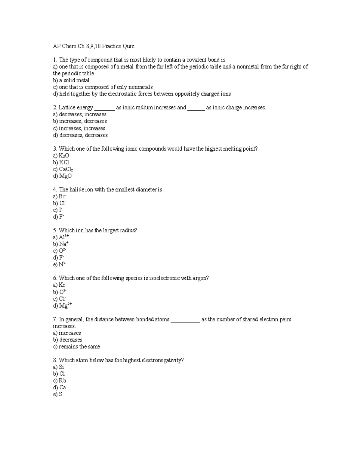 AP Chem Ch 8, 9, 10 Practice Quiz Review - Studocu