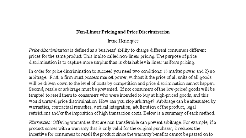 Digital Economics ECON 5110: Non-Linear Pricing & Price Discrimination ...