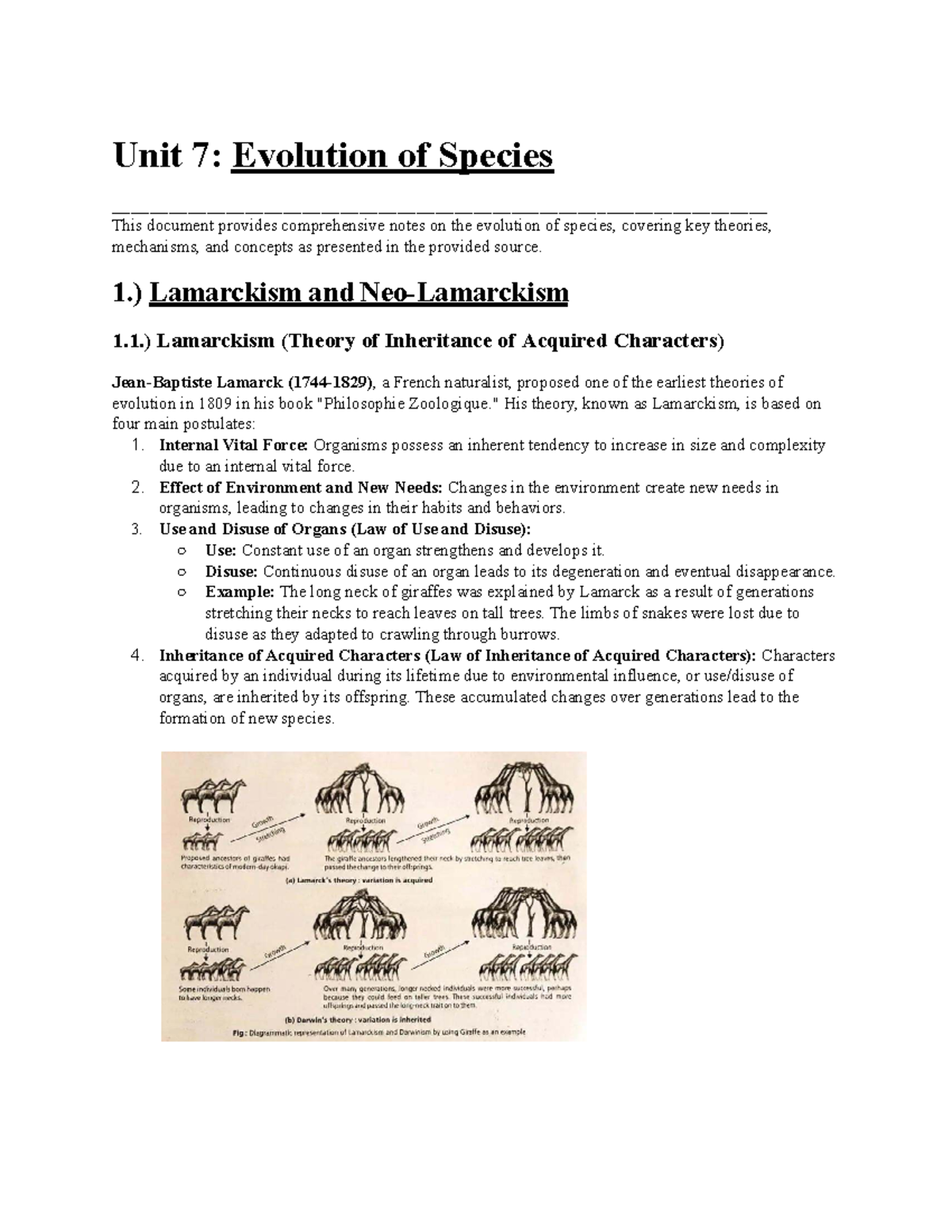 Unit 7: Evolution of Species - Key Theories and Mechanisms - Studocu