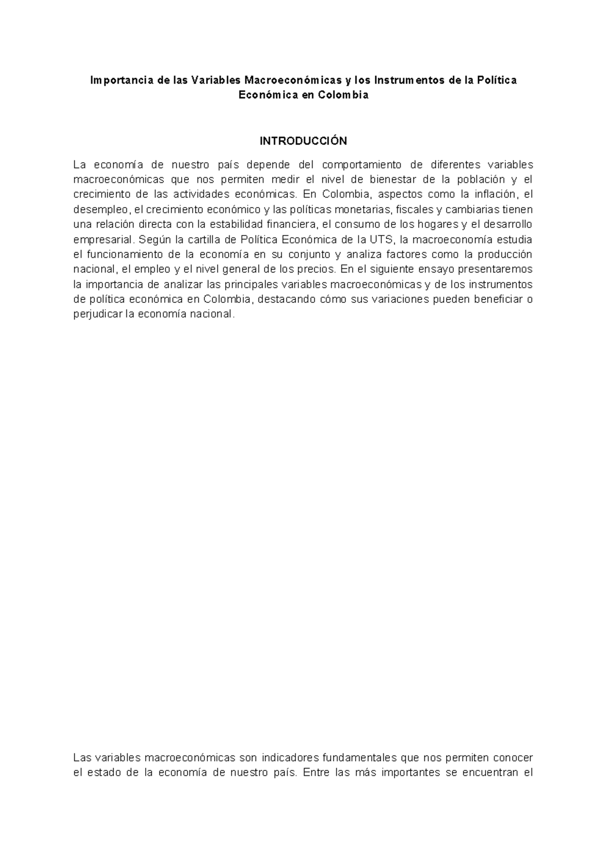 Importancia de las Variables Macroeconómicas en Colombia - POL 101 ...