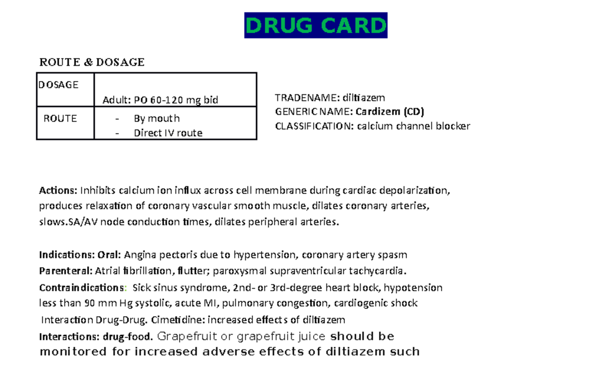 Cardizem (CD) - Diltiazem Drug Card Overview and Dosage Instructions ...