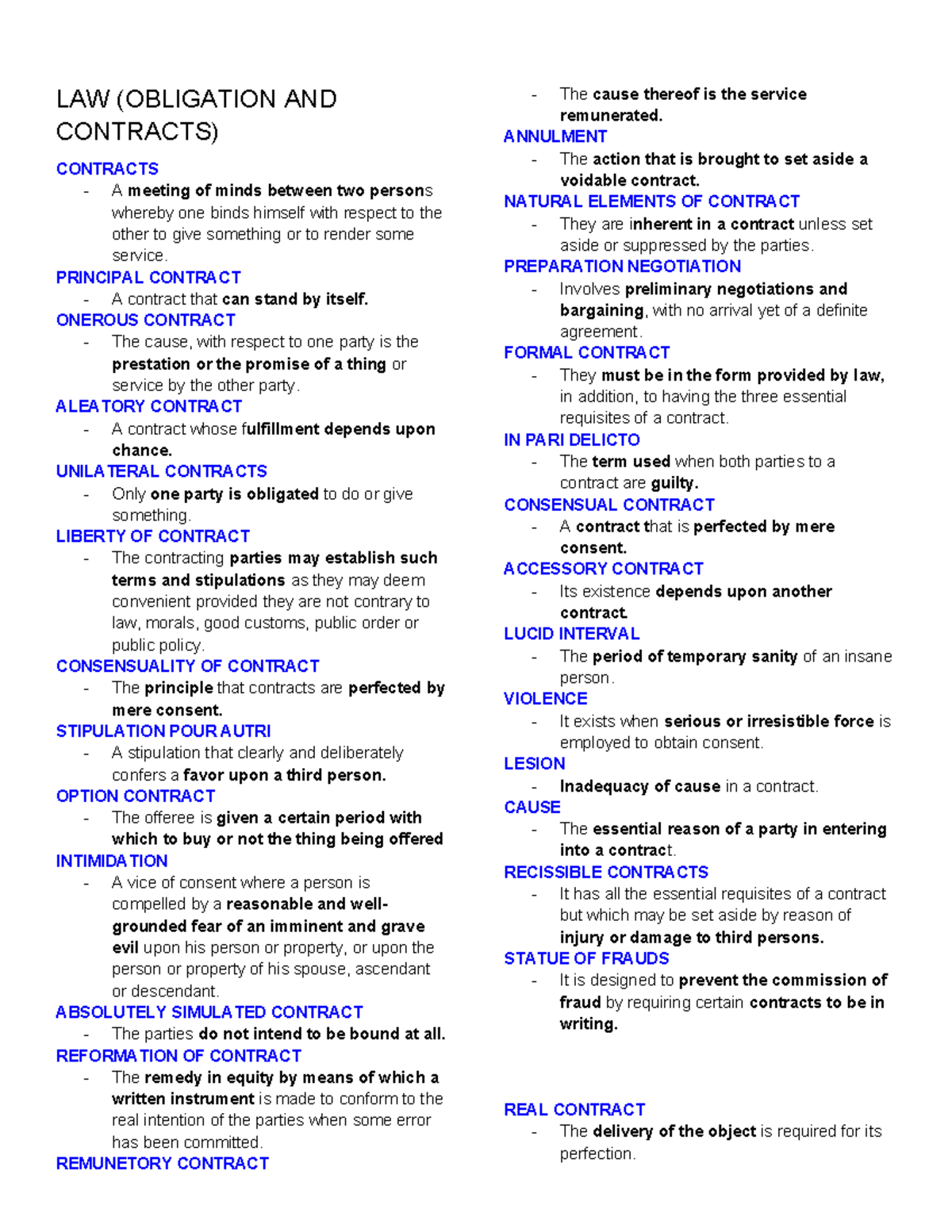 LAW (OBLIGATION AND CONTRACTS) Contract Types and Principles Reviewer - Studocu