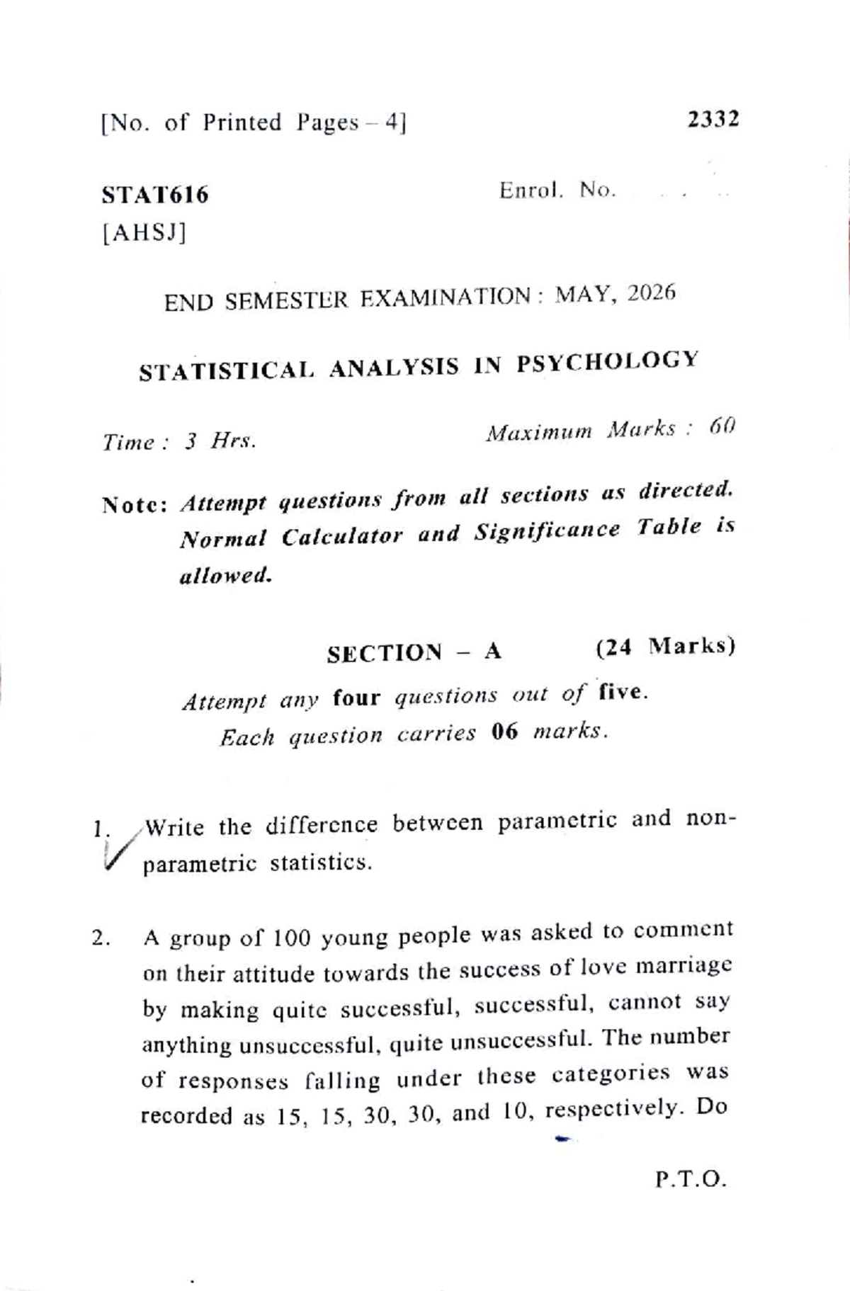 STAT616 & PSYC628 & PSYC629 & PSYC627 End Sem Exam Papers - May 2026 ...