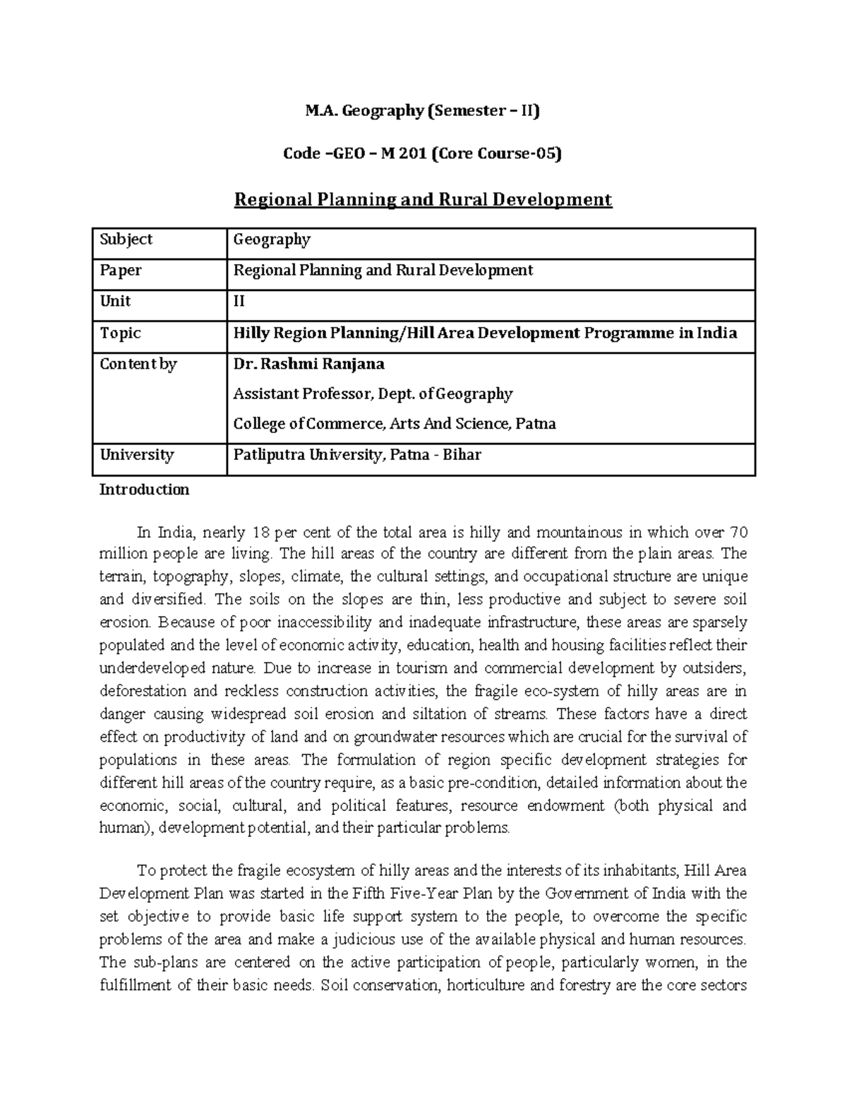 HADP in India: Regional Planning for Hilly Areas - GEO-M 201 - Studocu
