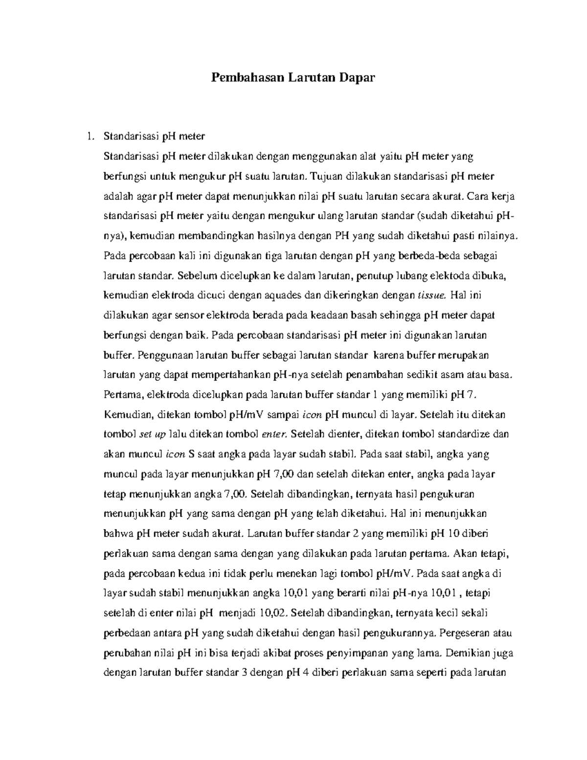 Pembahasan Larutan Dapar dalam Standarisasi dan Pengukuran pH - Studocu