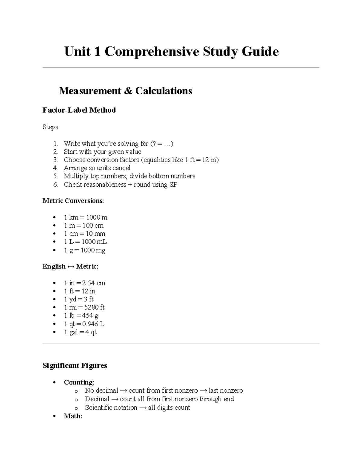 Unit 1 Study Guide: Measurement, Conversion, and Density Problems - Studocu