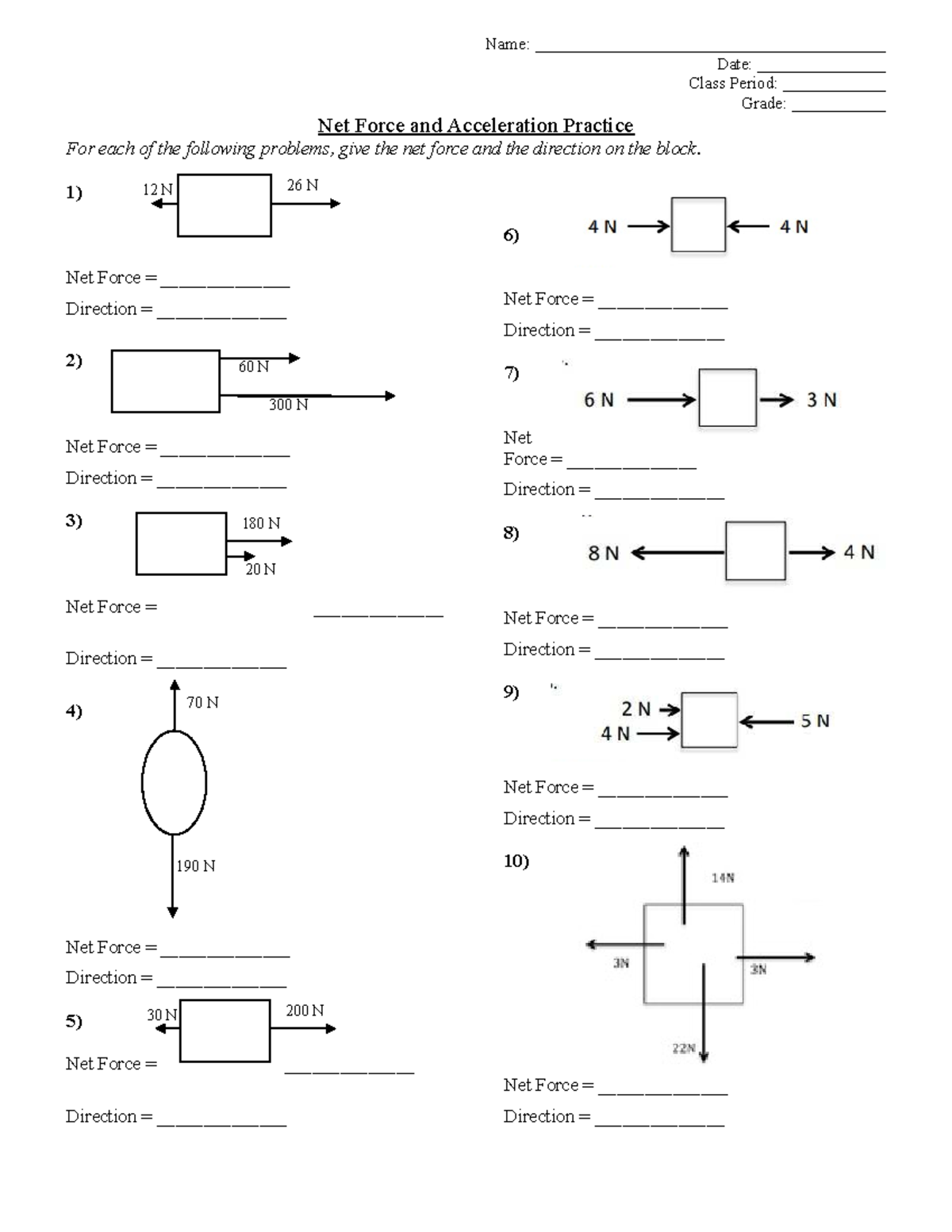 Net Force and Acceleration Practice Worksheet - Studocu