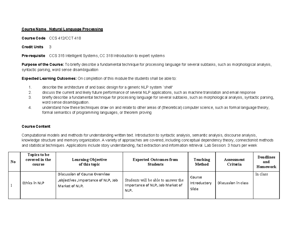 CCS 412/CCT 418 Course Outline: Natural Language Processing Overview ...