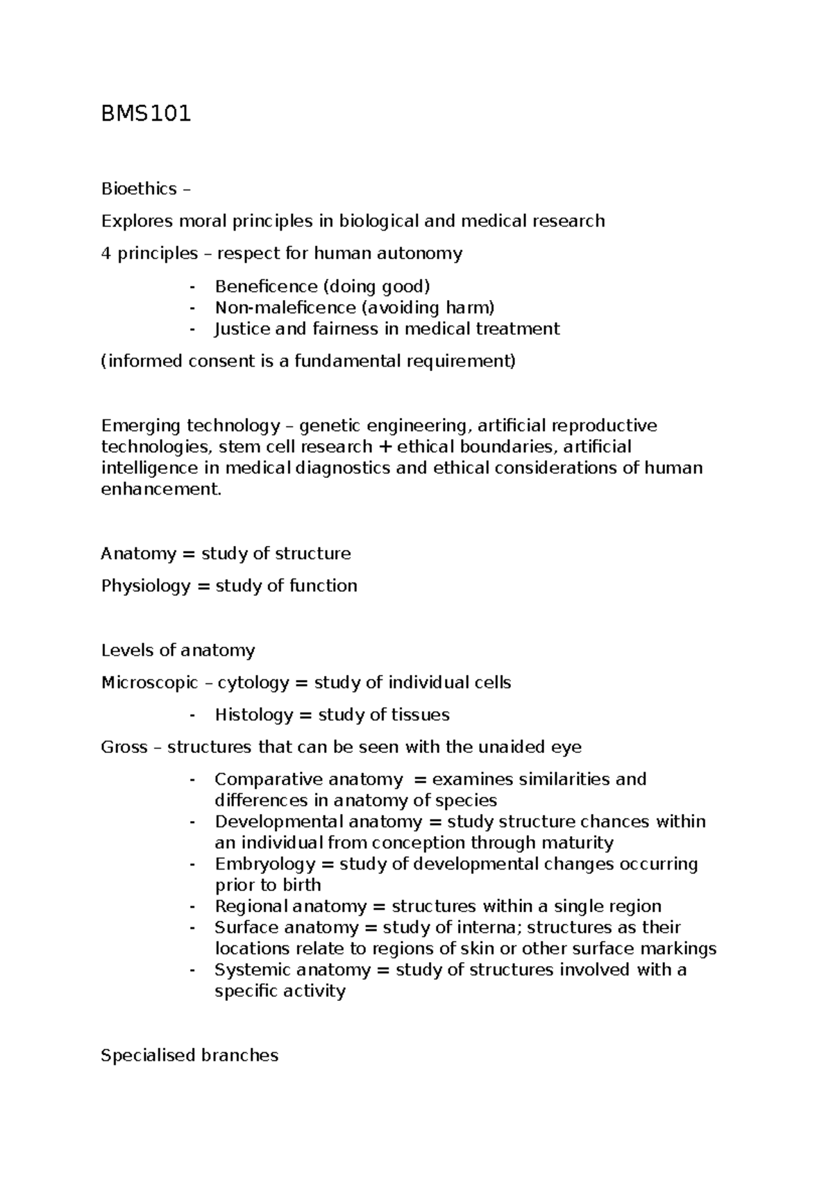 BMS101 Lecture 1: Exploring Bioethics and Anatomy Principles - Studocu