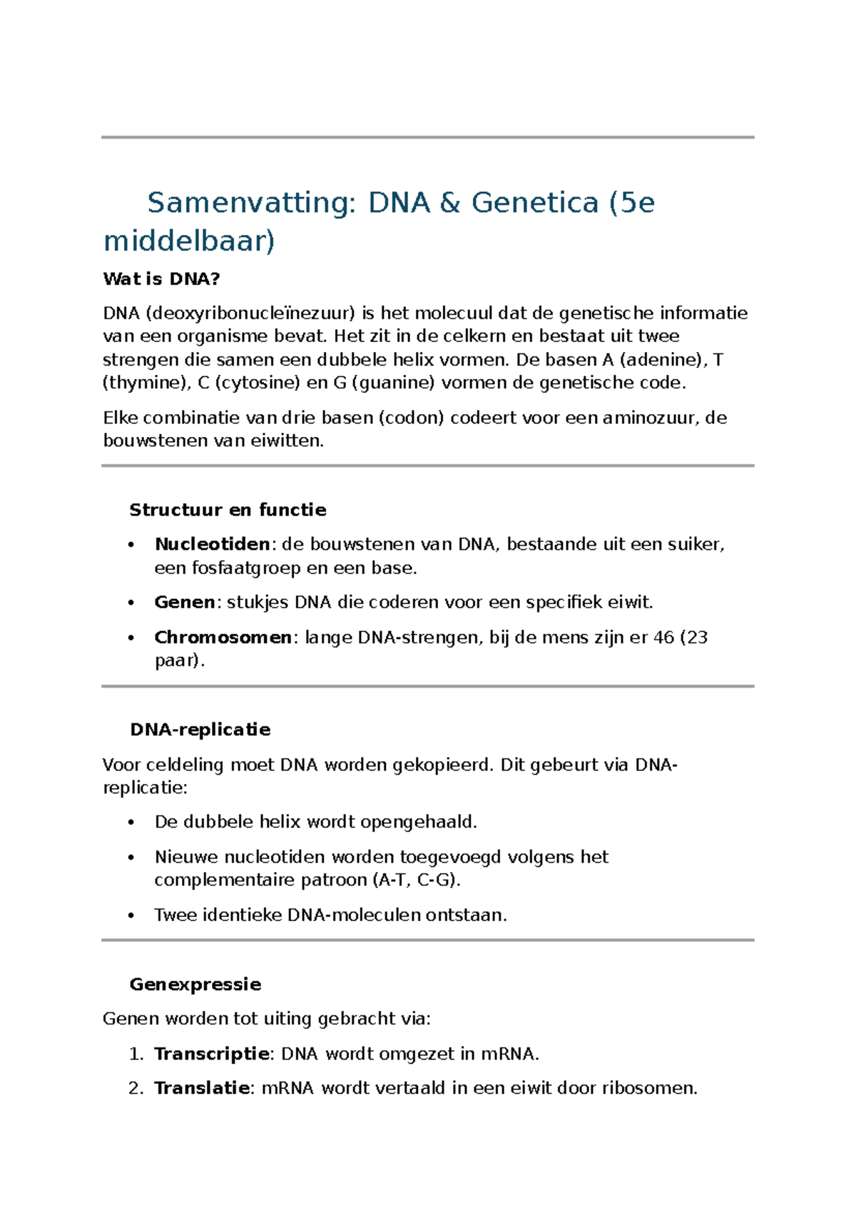 Samenvatting: DNA Genetica (5e middelbaar) en Genexpressie - Studocu
