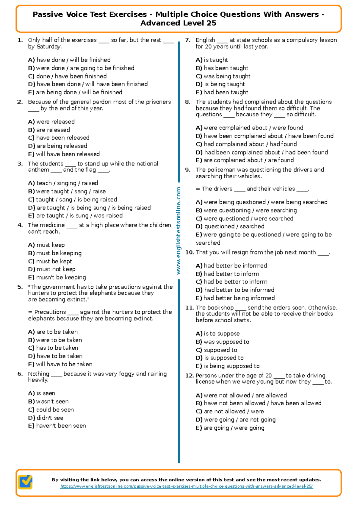 Passive Voice Test Exercises MCQs with Answers - Advanced Level 25 ...