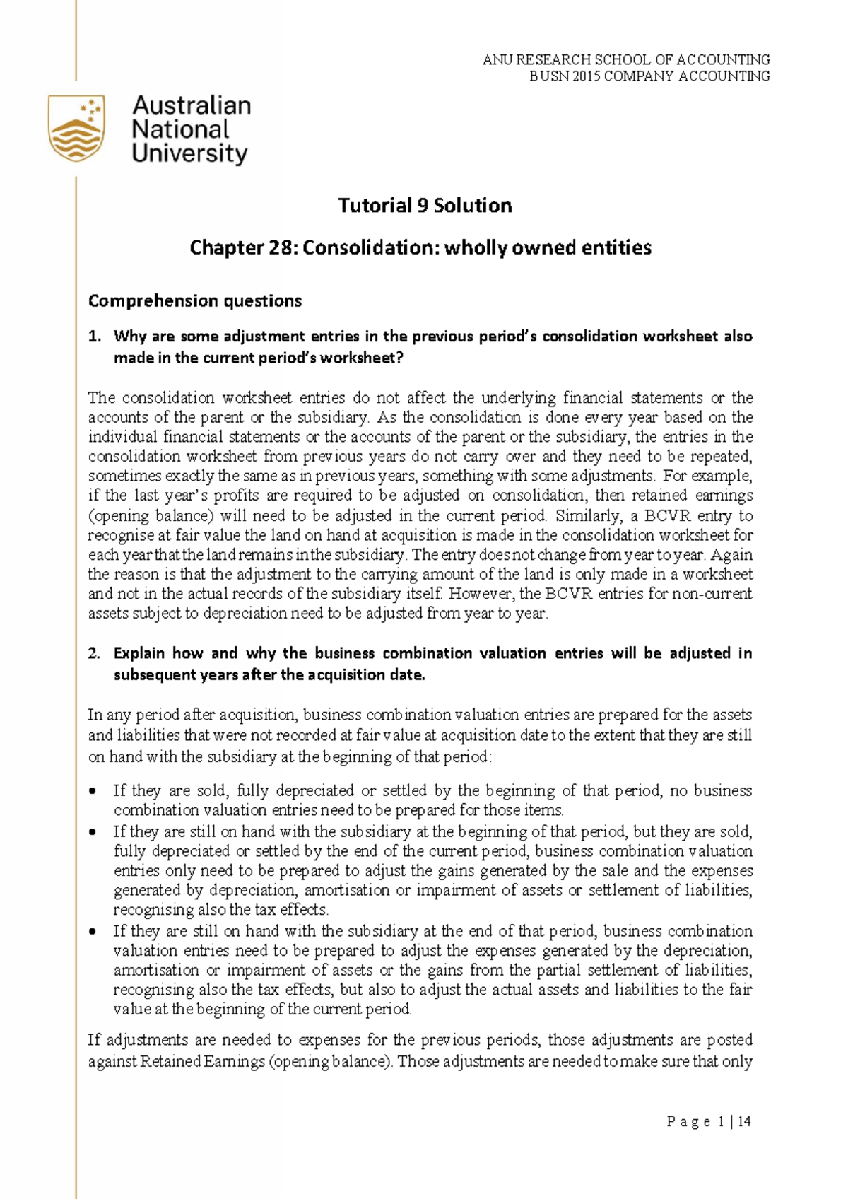 Tutorial 9 Solutions for BUSN 2015: Company Accounting Consolidation ...