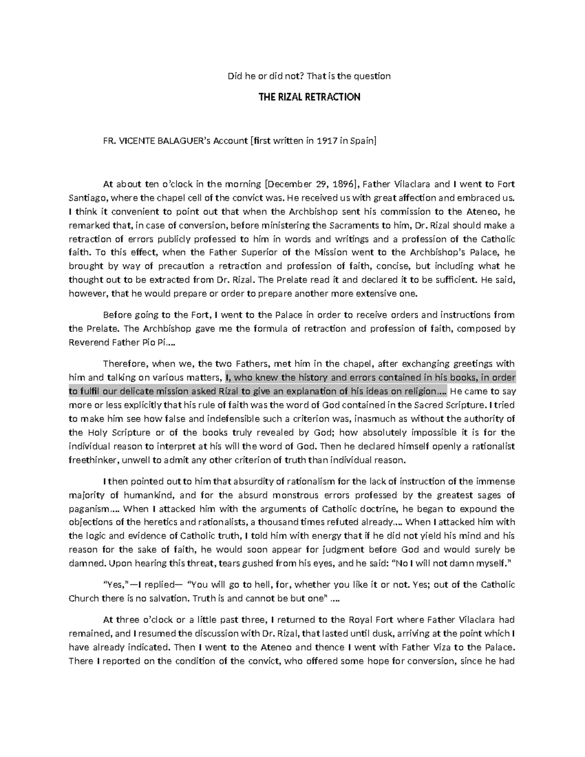 The Rizal Retraction Account: Insights from Fr. Vicente's 1917 ...