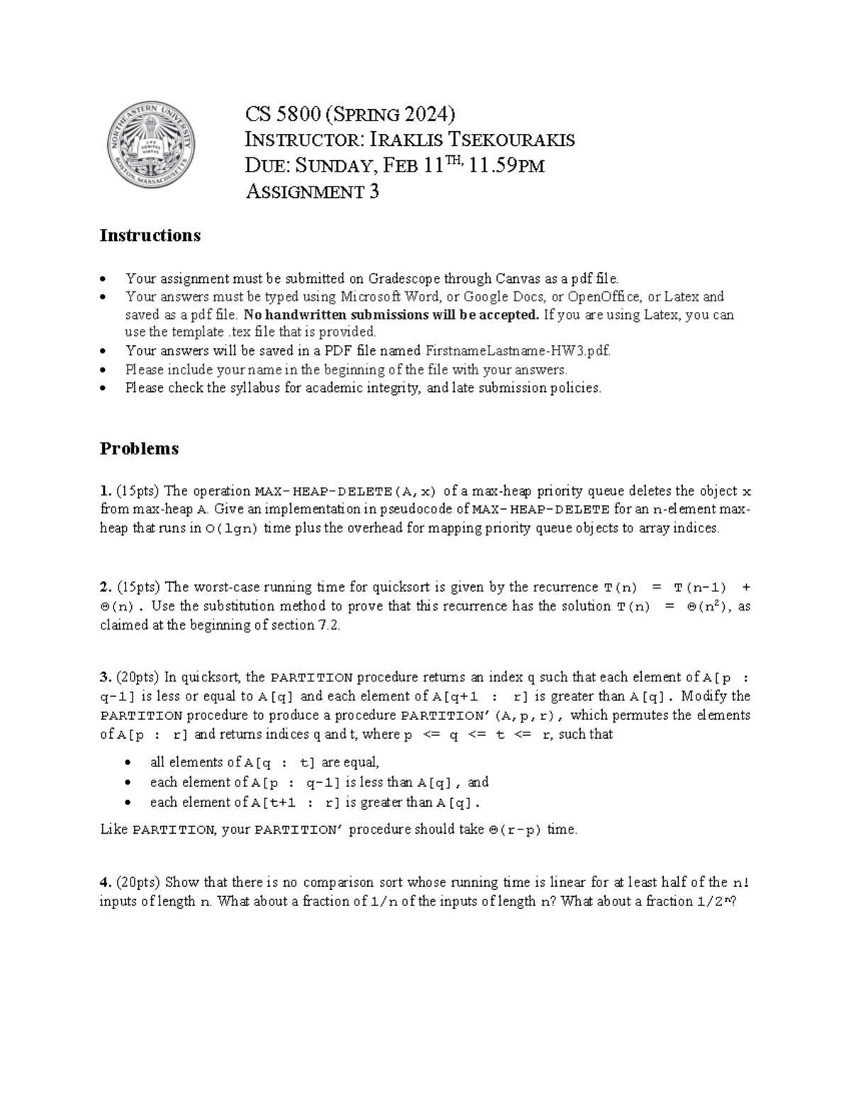 CS5800 Spring 2024 - Homework 3 Assignment Guidelines and Problems - Studocu