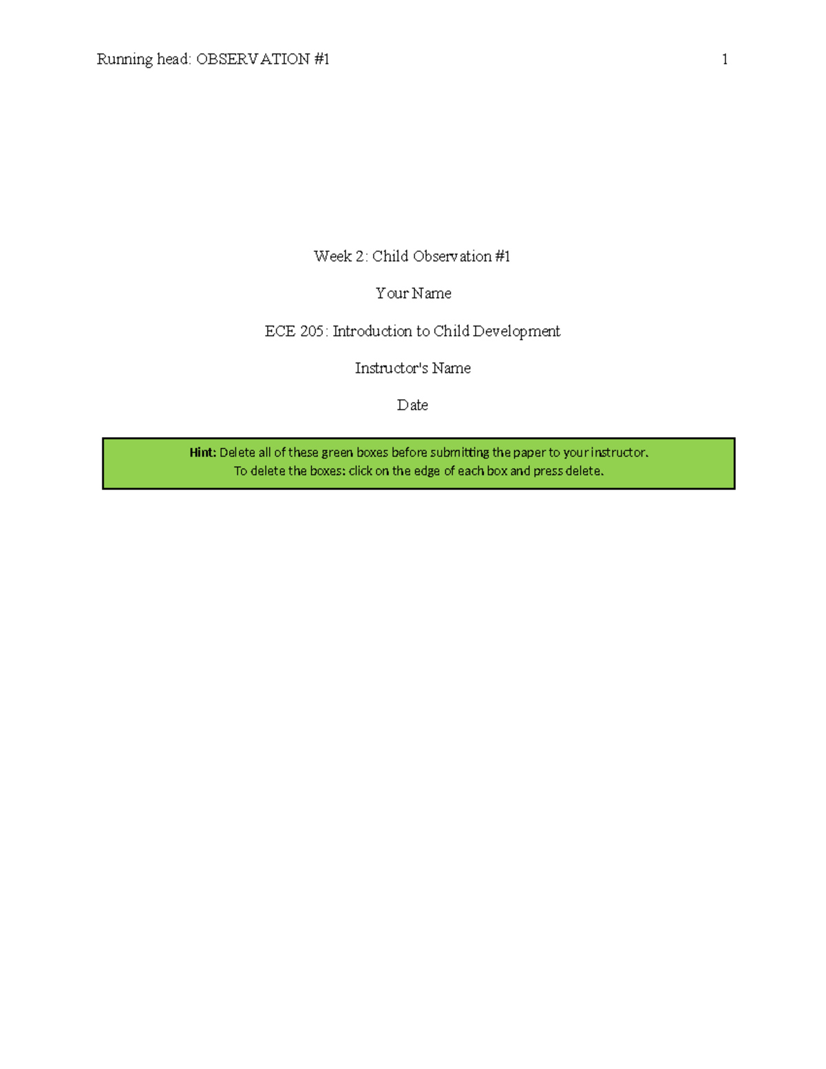 ECE 205 Week 2 Child Observation Template and Guidelines - Studocu