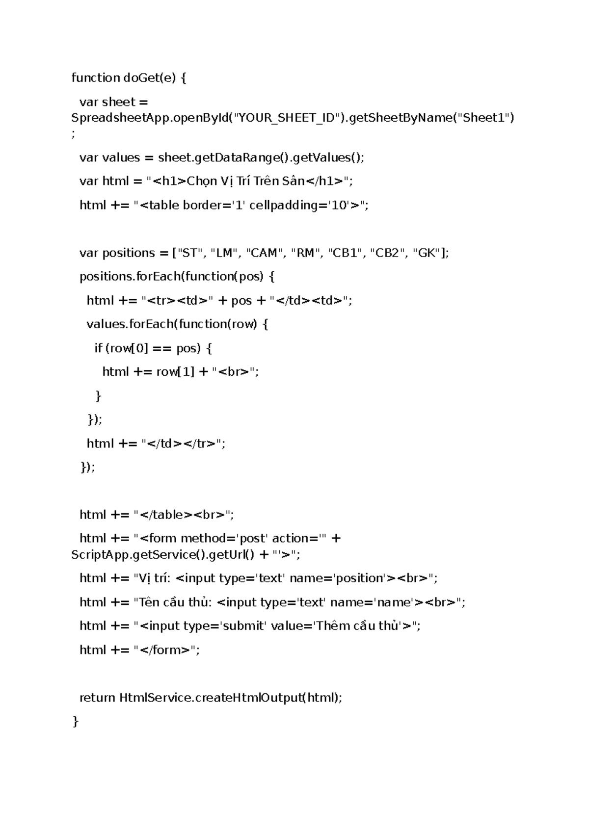 code cho dự án bài tập luyện - function doGet(e) { var sheet = - Studocu