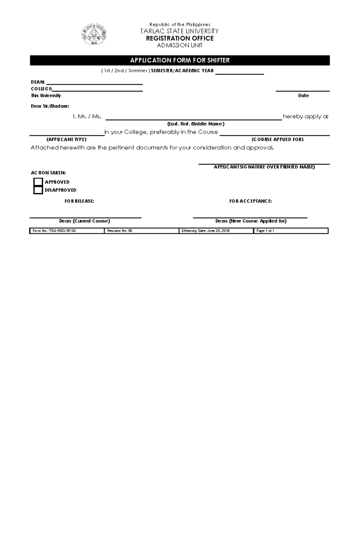 Shifting FORM - ( 1st / 2nd / Summer ) SEMESTER/ACADEMIC YEAR DEAN ...
