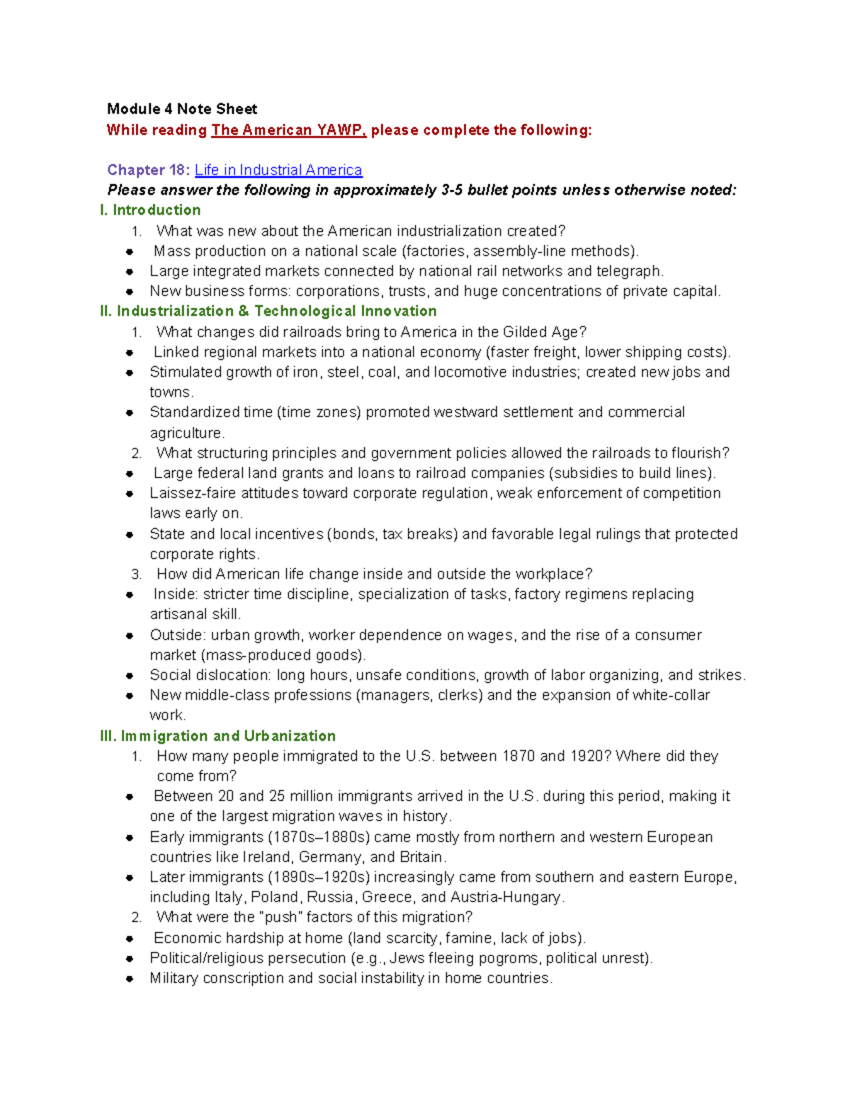 Module 4 Note Sheet: Chapter 18 - Life in Industrial America - Studocu