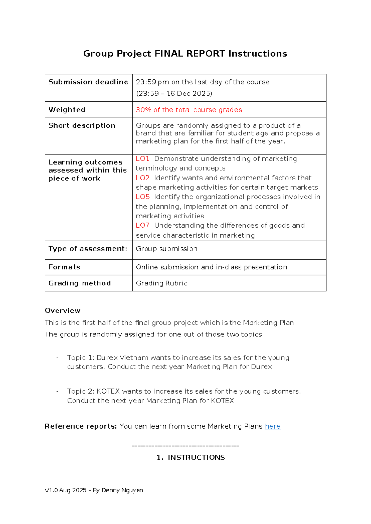 Group Project Marketing Plan Final Report (CLO1, CLO2, CLO5, CLO7 ...