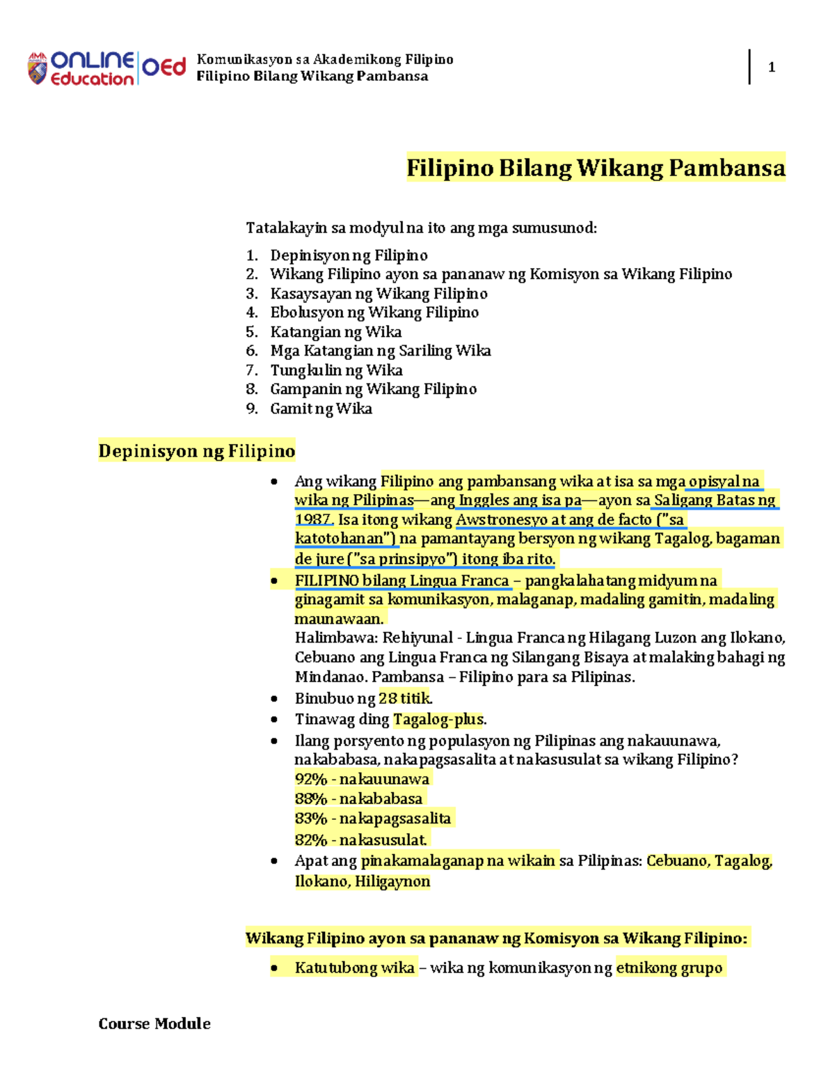 W5 Aralin 4 - Kasaysayan ng Wikang Pambansa - Module - Komunikasyon sa ...