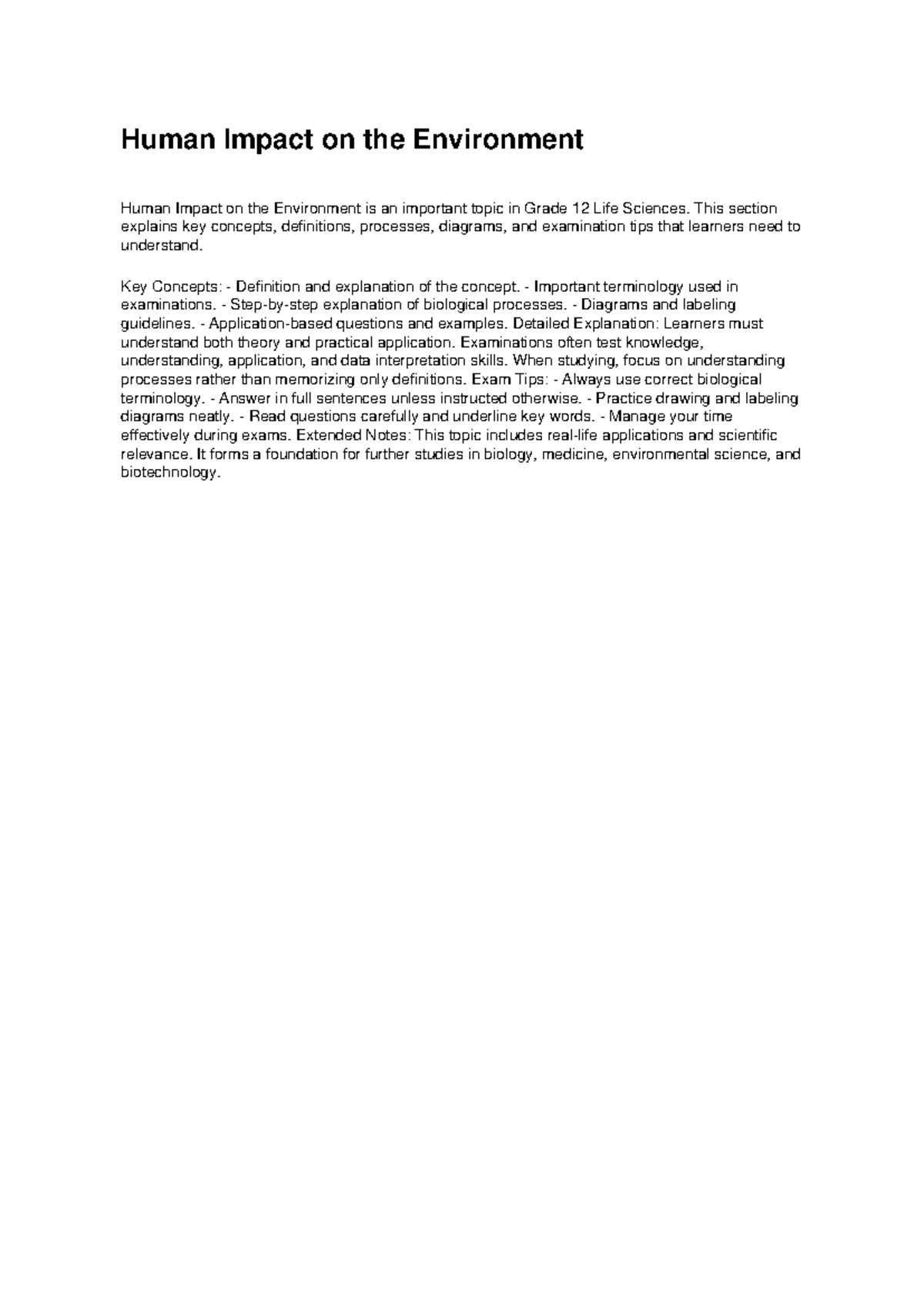 Grade 12 Life Sciences: Human Impact on the Environment Study Guide ...