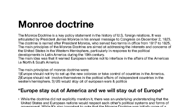 Monroe Doctrine: Key Principles and Historical Significance - Studocu