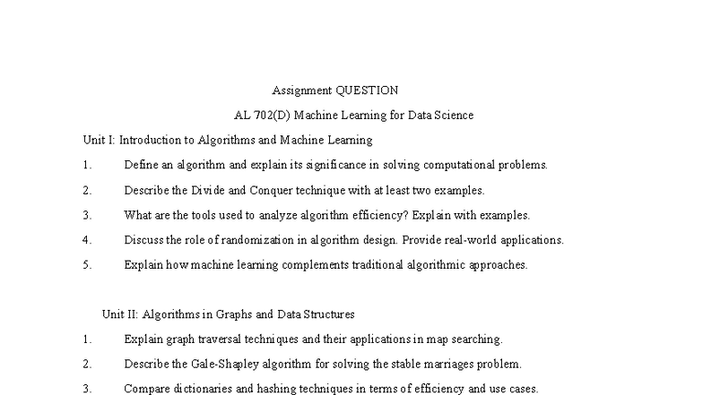 AL 702 Machine Learning Assignment & Tutorial: Algorithms ...