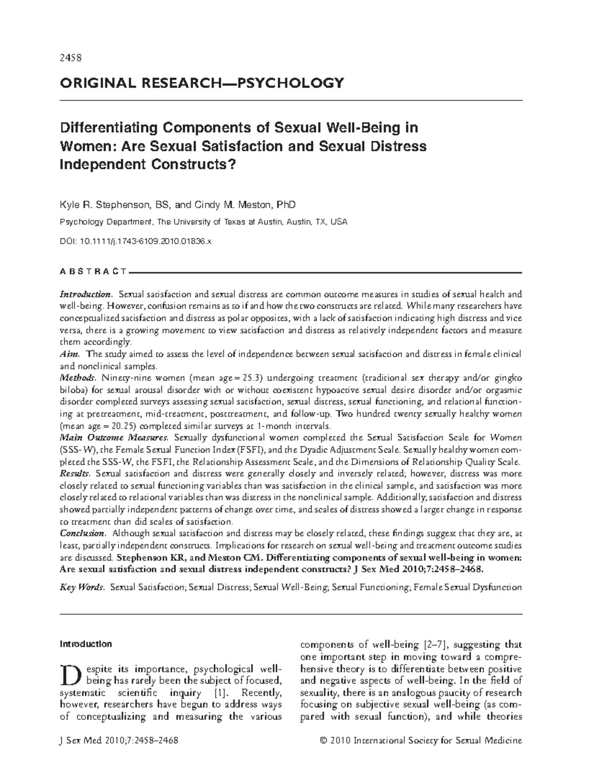 2458 Final Exam: Independence of Sexual Satisfaction and Distress in ...