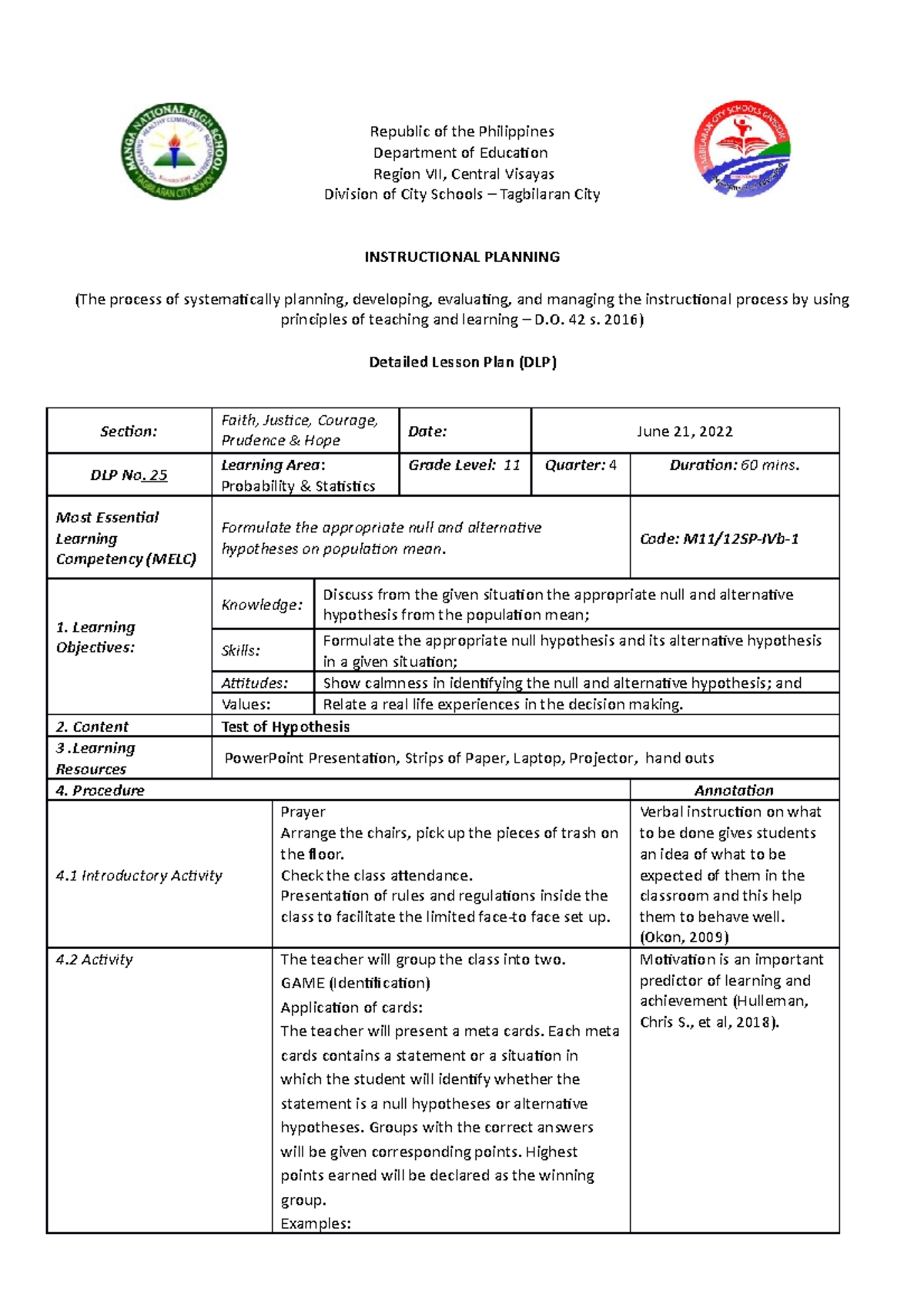 COT2 - Detailed Lesson Plan on Hypothesis Testing for Grade 11 - Studocu