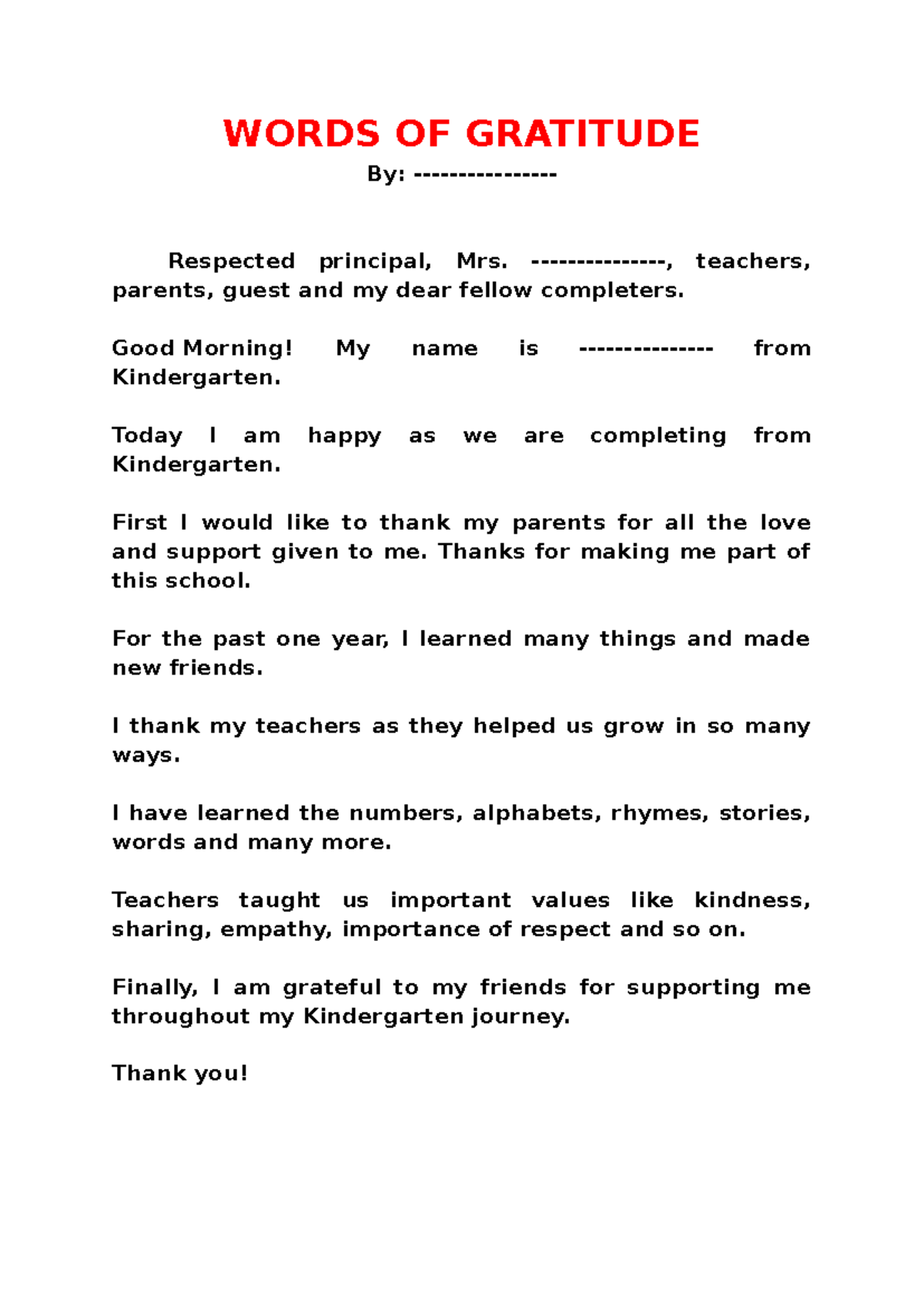 Kindergarten Moving Up Ceremony: Words of Gratitude and Welcome - Studocu