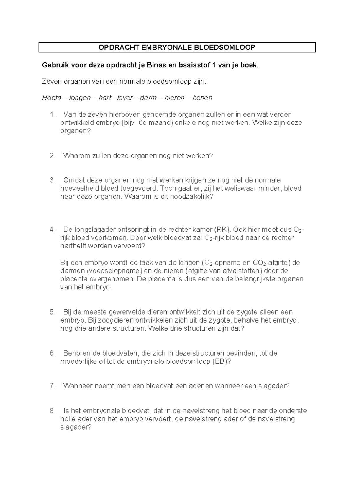 Embryonale Bloedsomloop Opdrachten & Antwoorden (Biologie 5) - Studeersnel