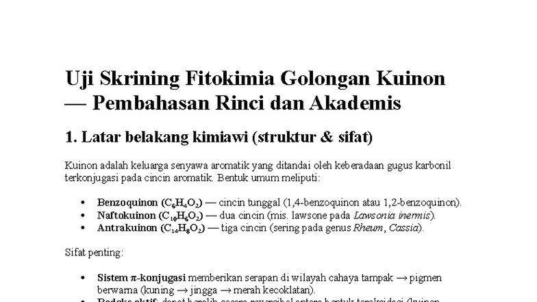 Uji Skrining Fitokimia Kuinon: Protokol dan Analisis - Studocu