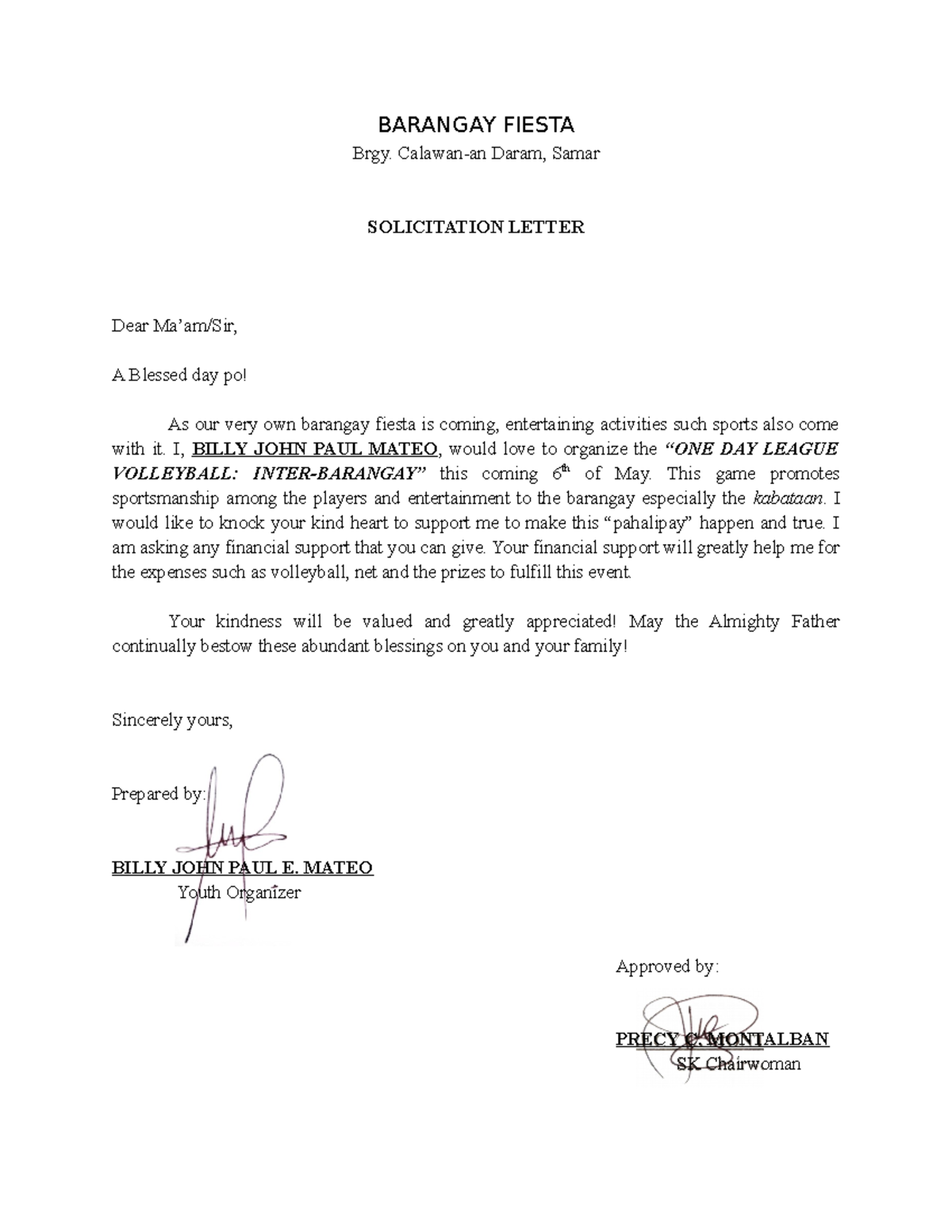 Barangay Fiesta Solicitation Letter for Sports Event - Studocu